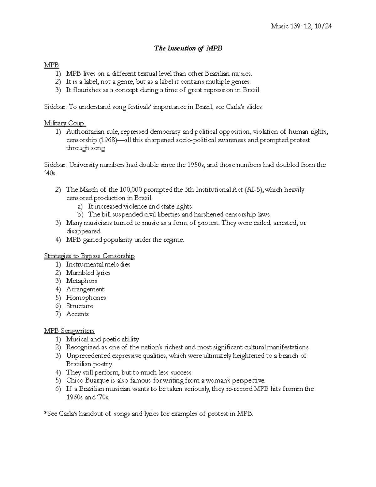 Lecture 12 mus139 - Music 139: 12, 10/ The Invention of MPB MPB MPB ...