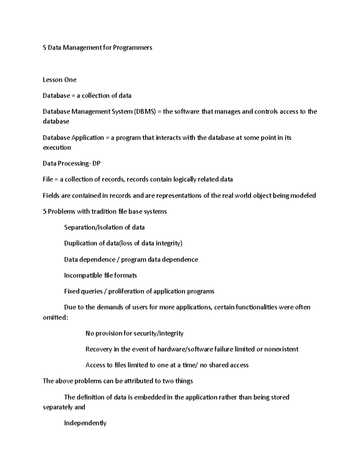 C192 notes (Auto Recovered) - S Data Management for Programmers Lesson ...