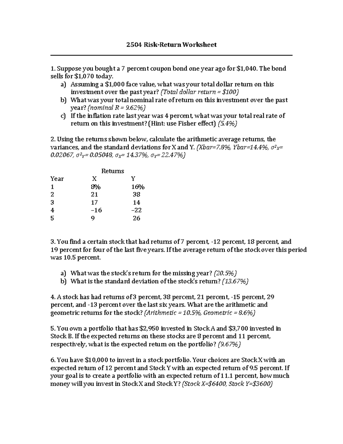 Risk and Return Worksheet - 2504 Risk-Return Worksheet Suppose you ...