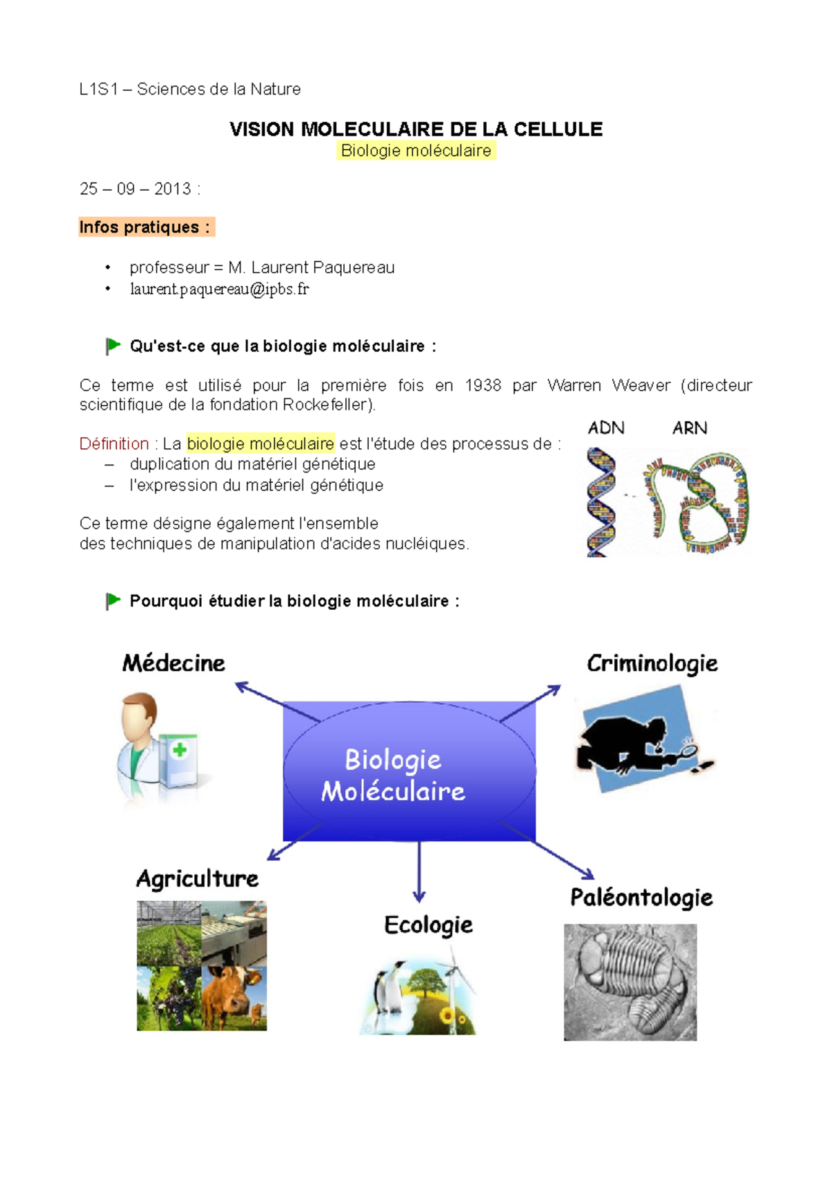Cours 1 Biologie moléculaire - L1S1 – Sciences de la Nature VISION ...