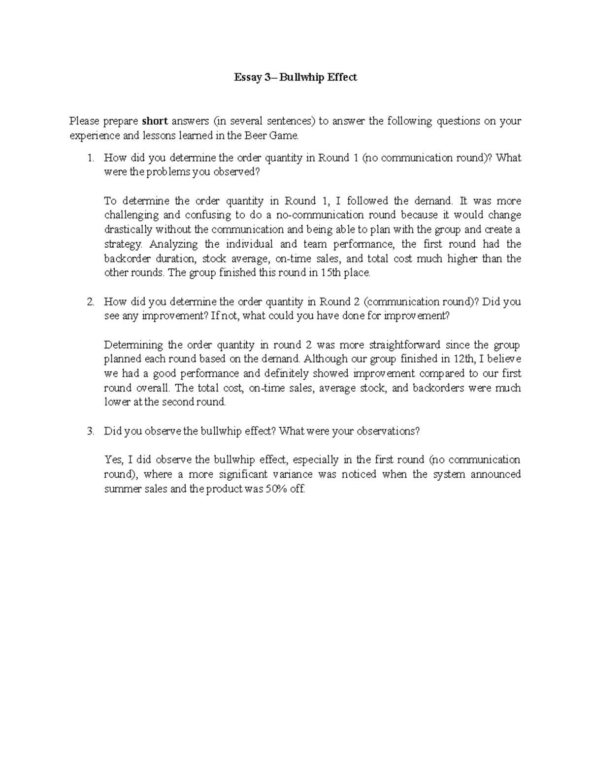 Bullwhipeffect essay - Dr. Miao Bai - Essay 3– Bullwhip Effect Please ...