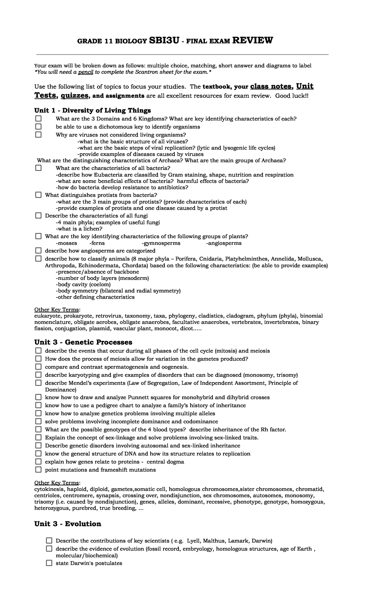SBI3U Final Exam Review - GRADE 11 BIOLOGY SBI3U - FINAL EXAM REVIEW Your exam will be broken ...