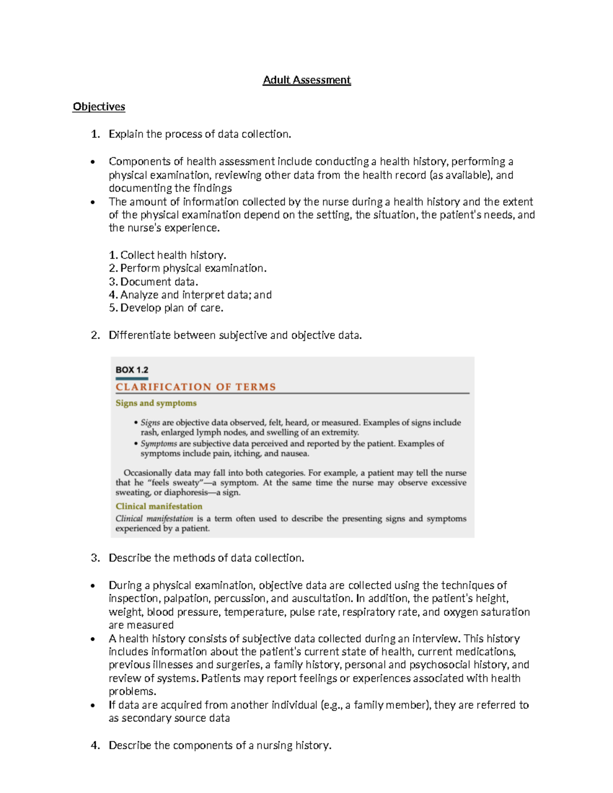 Exam 1 Objectives - Health assessment exam study guide - Adult ...