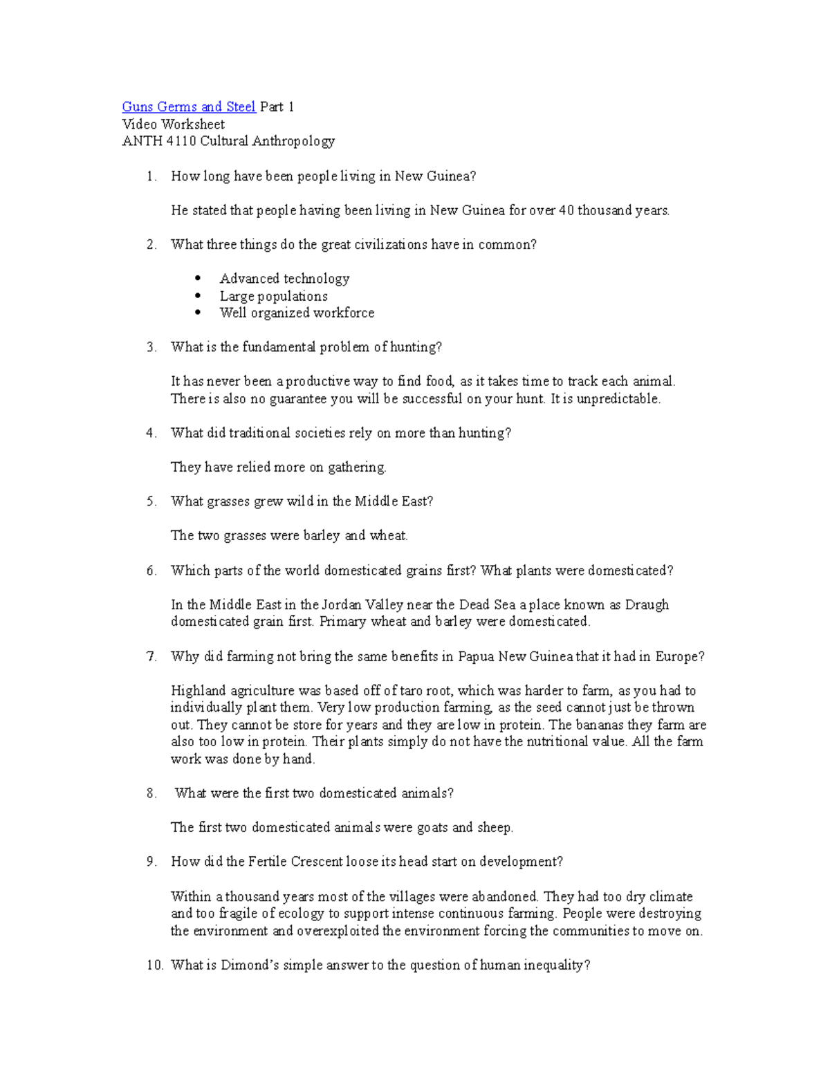 Guns Germs and Steel Part 1 video worksheet Questions - Guns Germs and ...