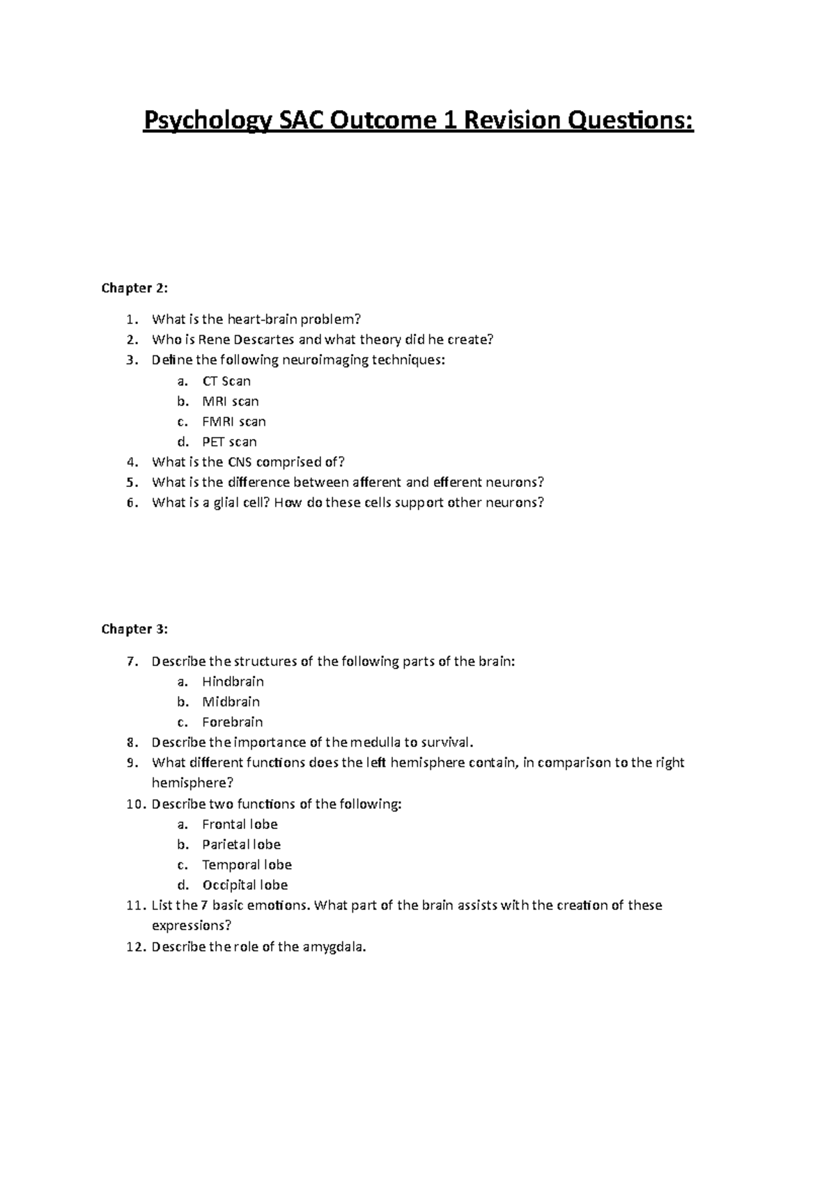 Psychology SAC Outcome 1 Revision Questions - Studocu