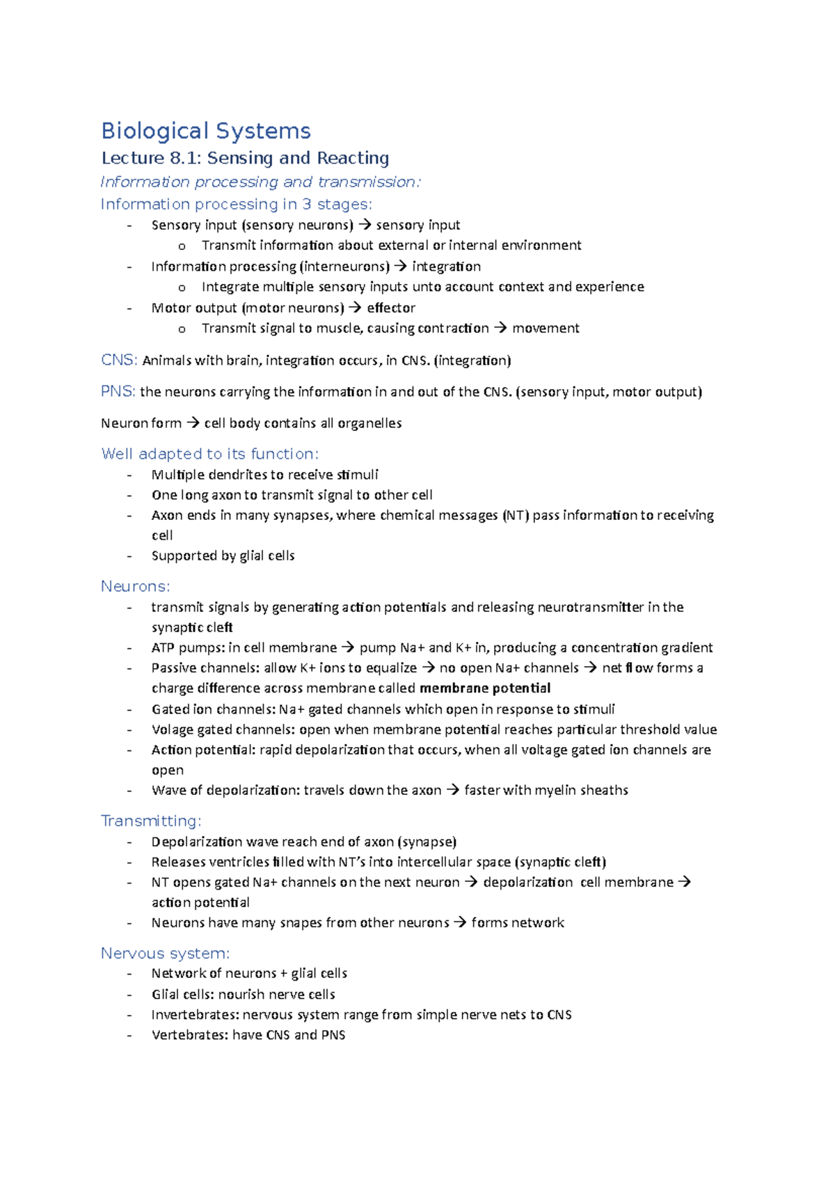 Biological systems Module 8.1 - Biological Systems Lecture 8: Sensing and Reacting Information ...