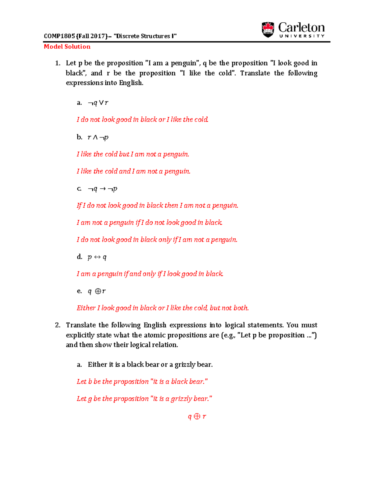 Model Solution for Assignment 1 - COMP1805 (Fall 2017) "Discrete Structures I" - Studocu
