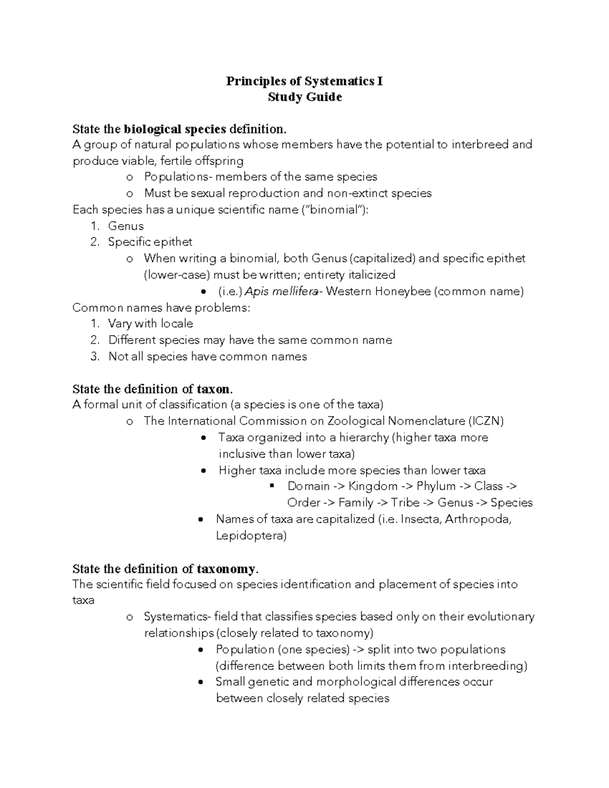 Pof Systematics Part 1 - Principles of Systematics I Study Guide State ...