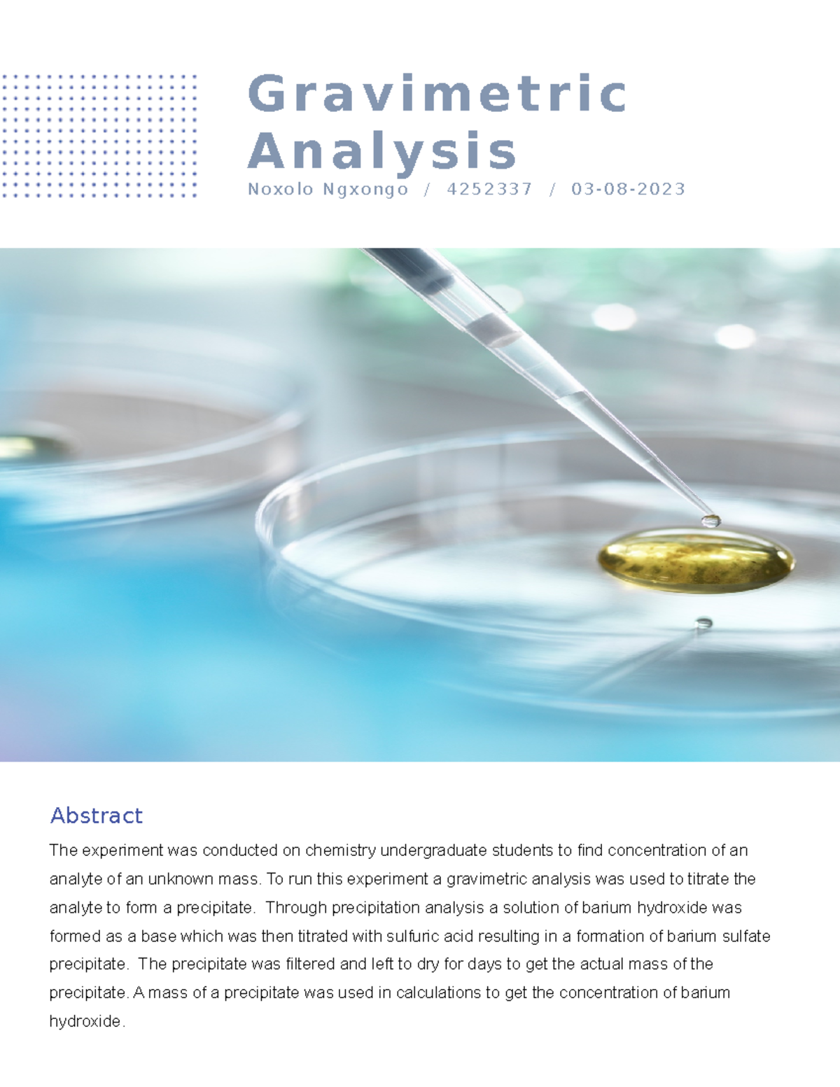Gravimetric Analysis - G r a v i m e t r i c A n a l y s i s N oxo l o ...