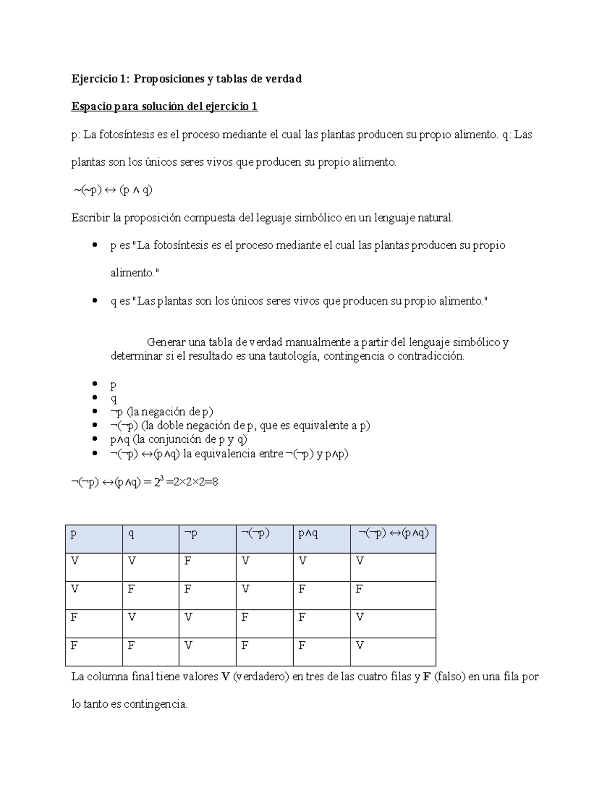 Ejercicio 1 propociones y tabla de verdad - Ejercicio 1: Proposiciones ...