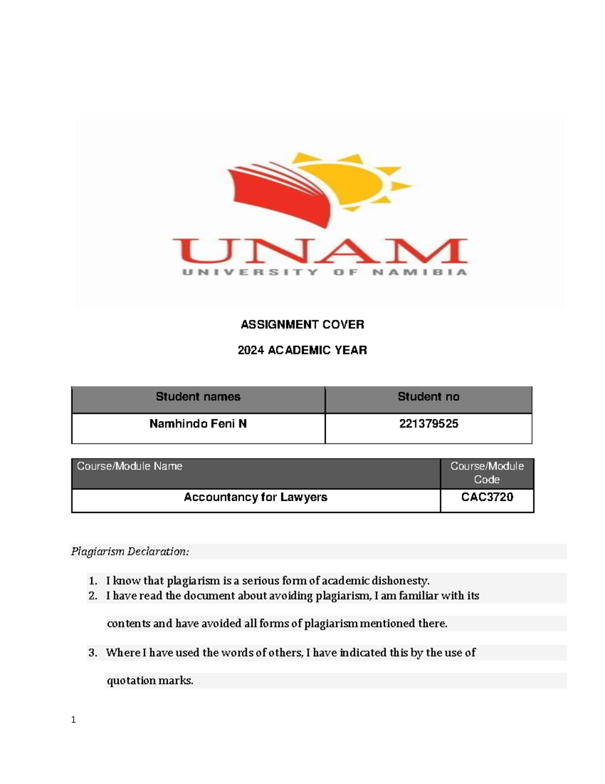 Cccountinggggggg feni - ASSIGNMENT COVER 2024 ACADEMIC YEAR Student ...