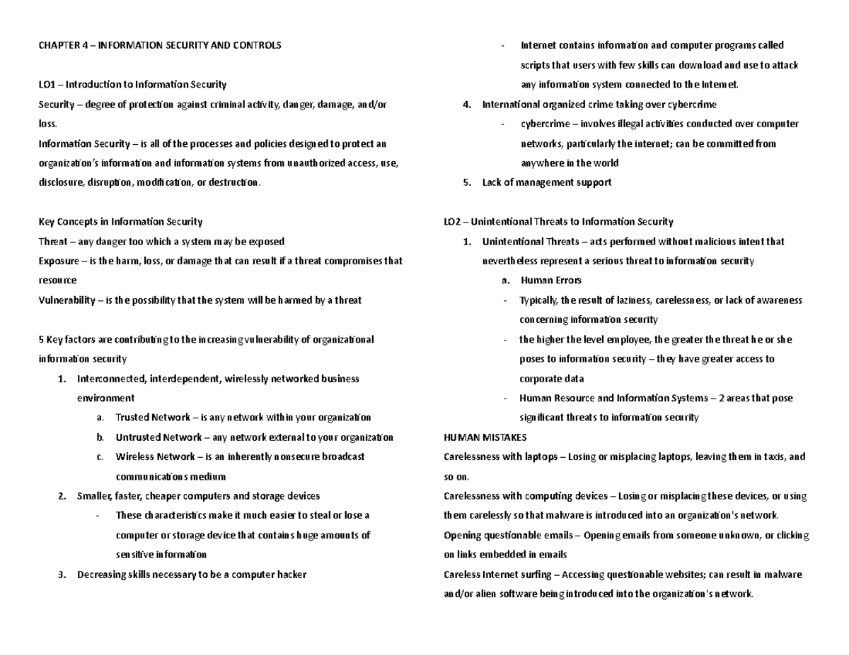 Chapter 4 - summary - CHAPTER 4 – INFORMATION SECURITY AND CONTROLS LO1 ...