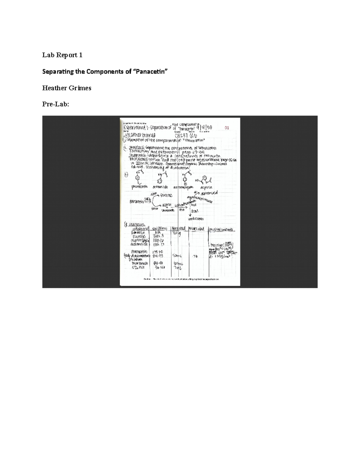 Experiment 1 Separation of the components of "Panacetin" - Lab Report 1 Separating the ...