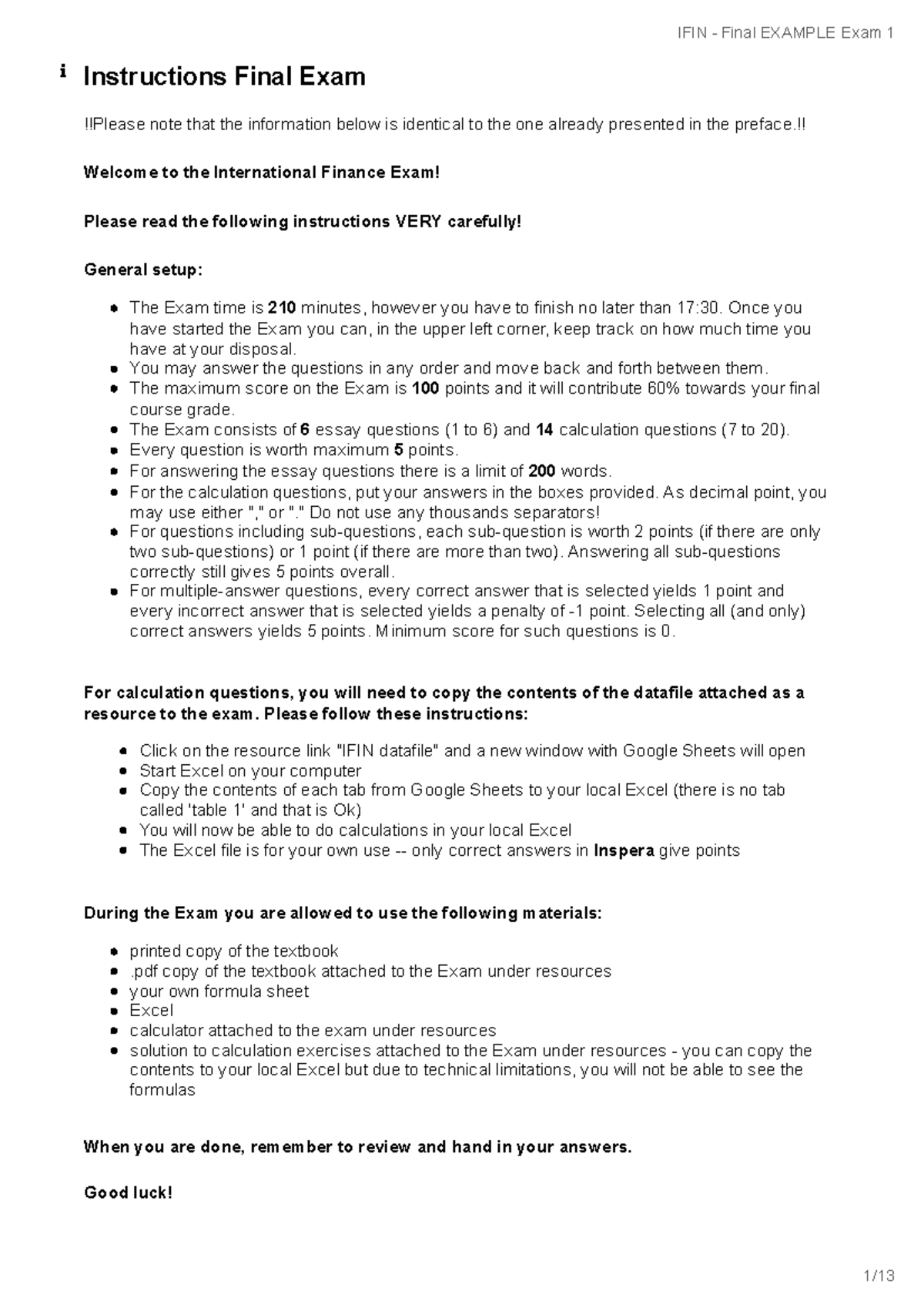 IFIN - Example Final Exam - Instructions Final Exam !!Please note that ...