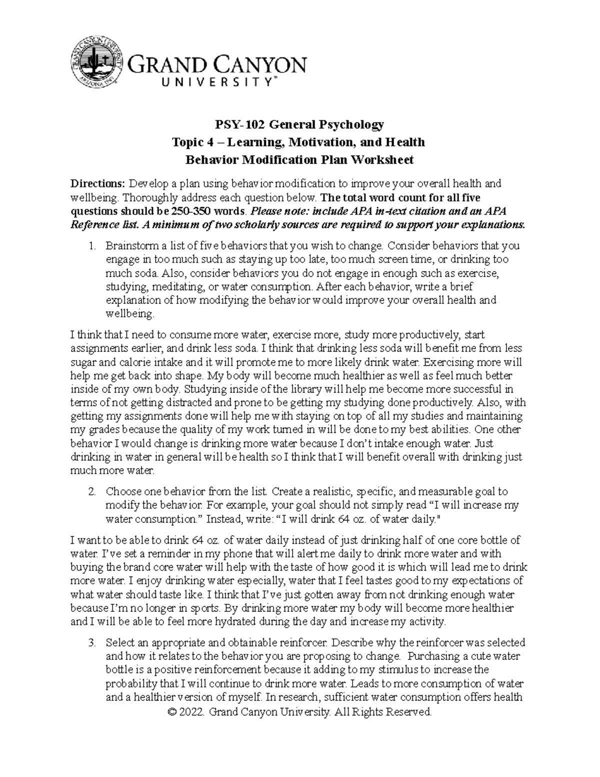 Behavior Assignment - Essay - PSY-102 General Psychology Topic 4 ...