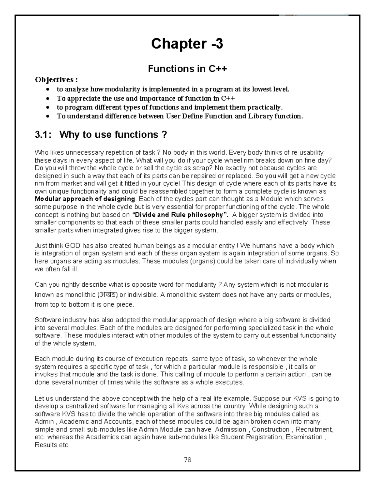 Functions in C++. - Chapter - Functions in C++ Objectives : to analyze how modularity is ...
