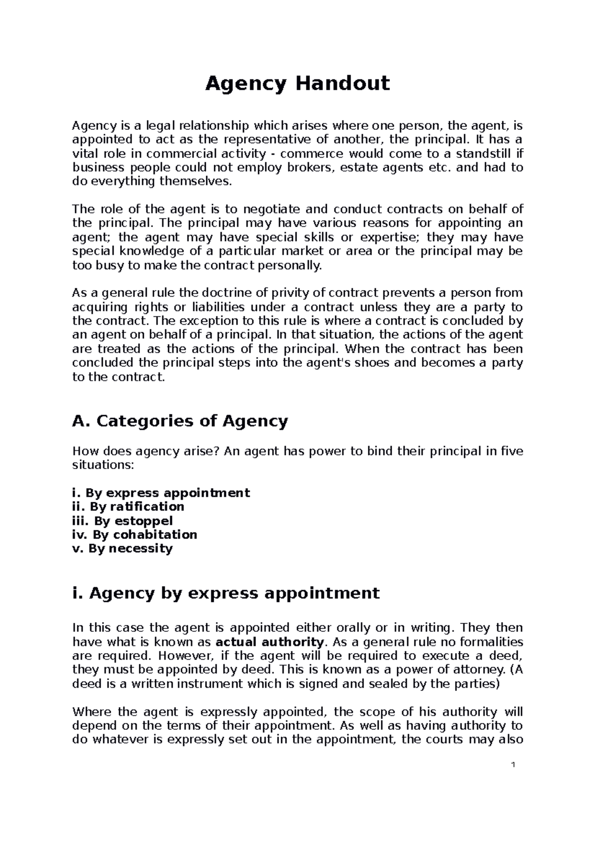 Agency handout 21 - Agency Handout Agency is a legal relationship which ...