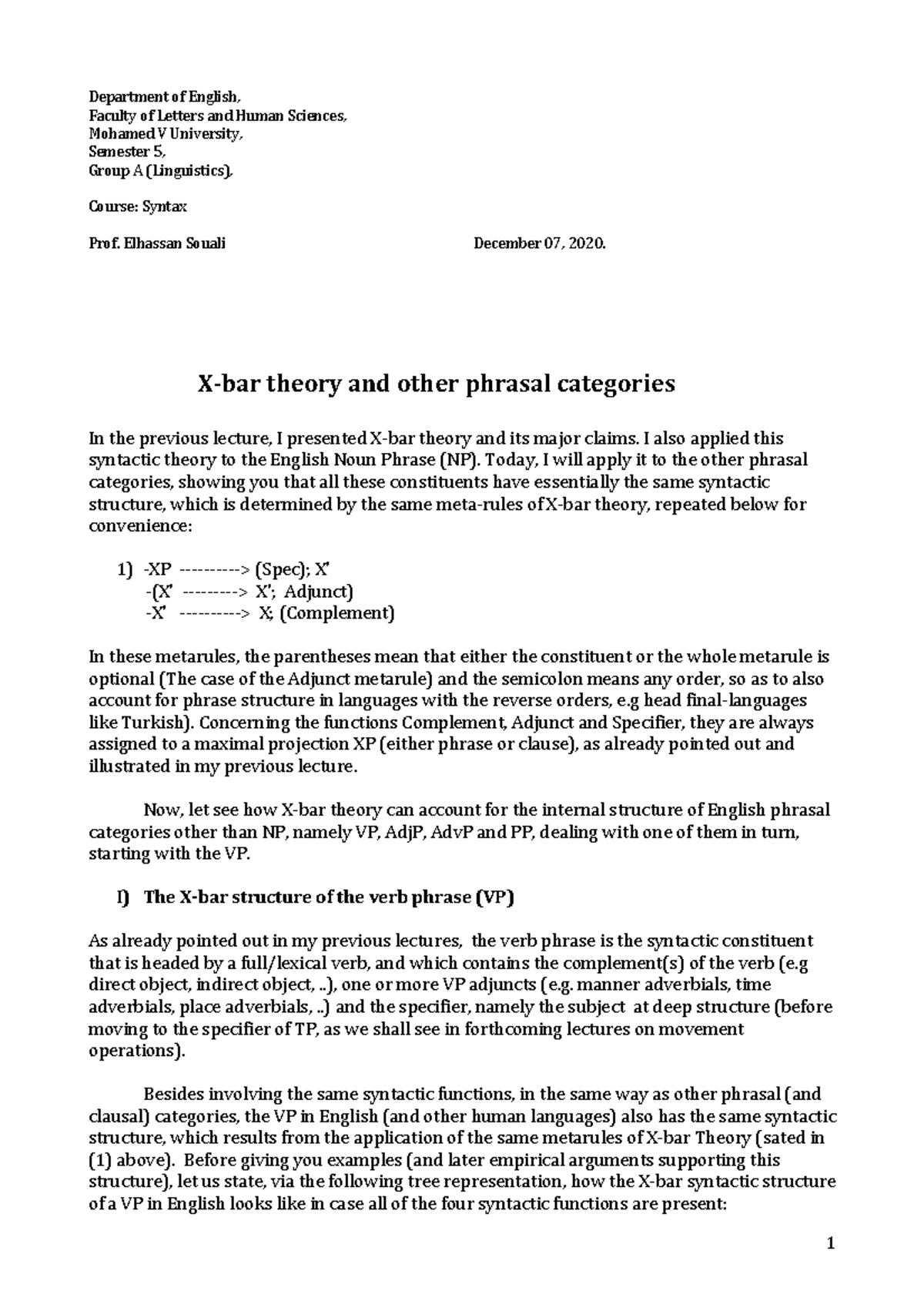 Syntax, X-bar Theory, Verb Phrase - Department of English, Faculty of Letters and Human Sciences ...
