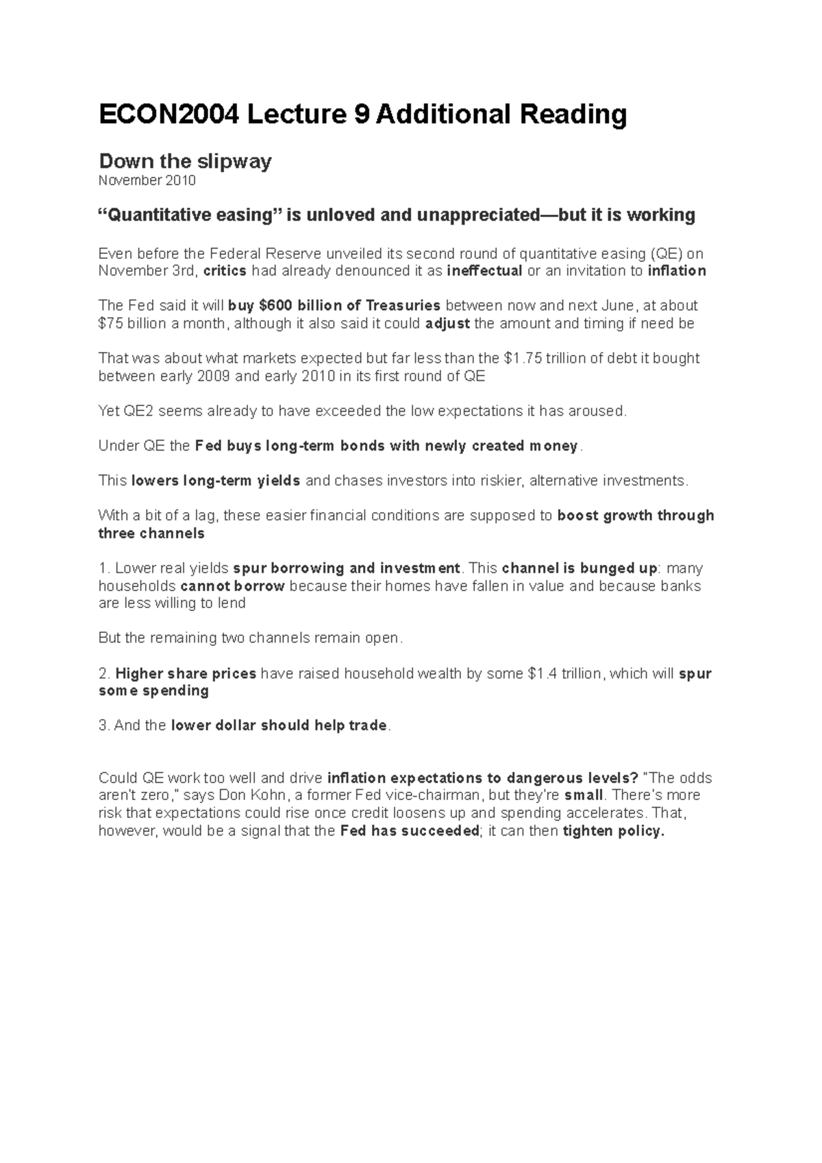 ECON2004 Term 1 Lecture 9 Additional Reading - Under QE the Fed buys bonds with newly created ...