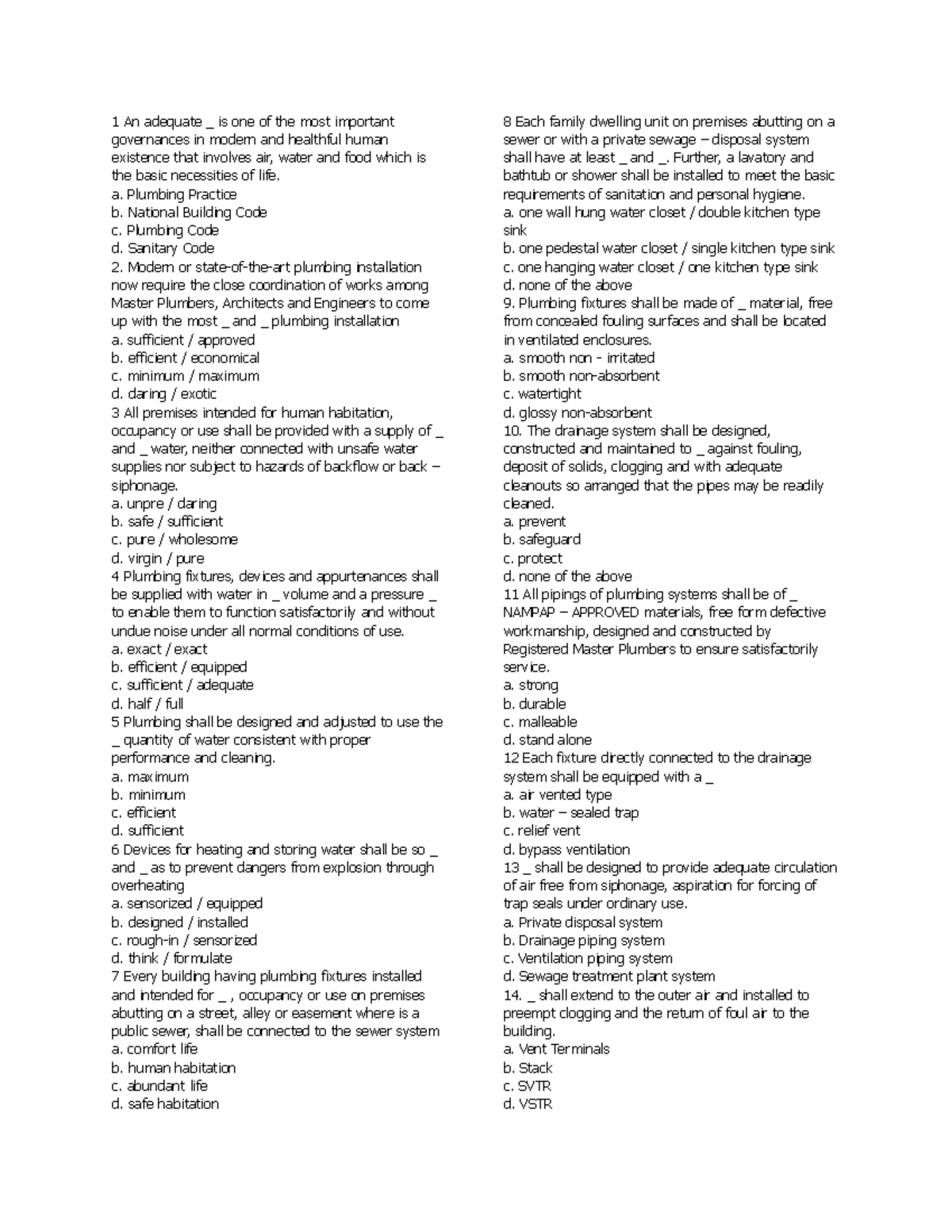 Plumbing Code - civil - 1 An adequate _ is one of the most important ...