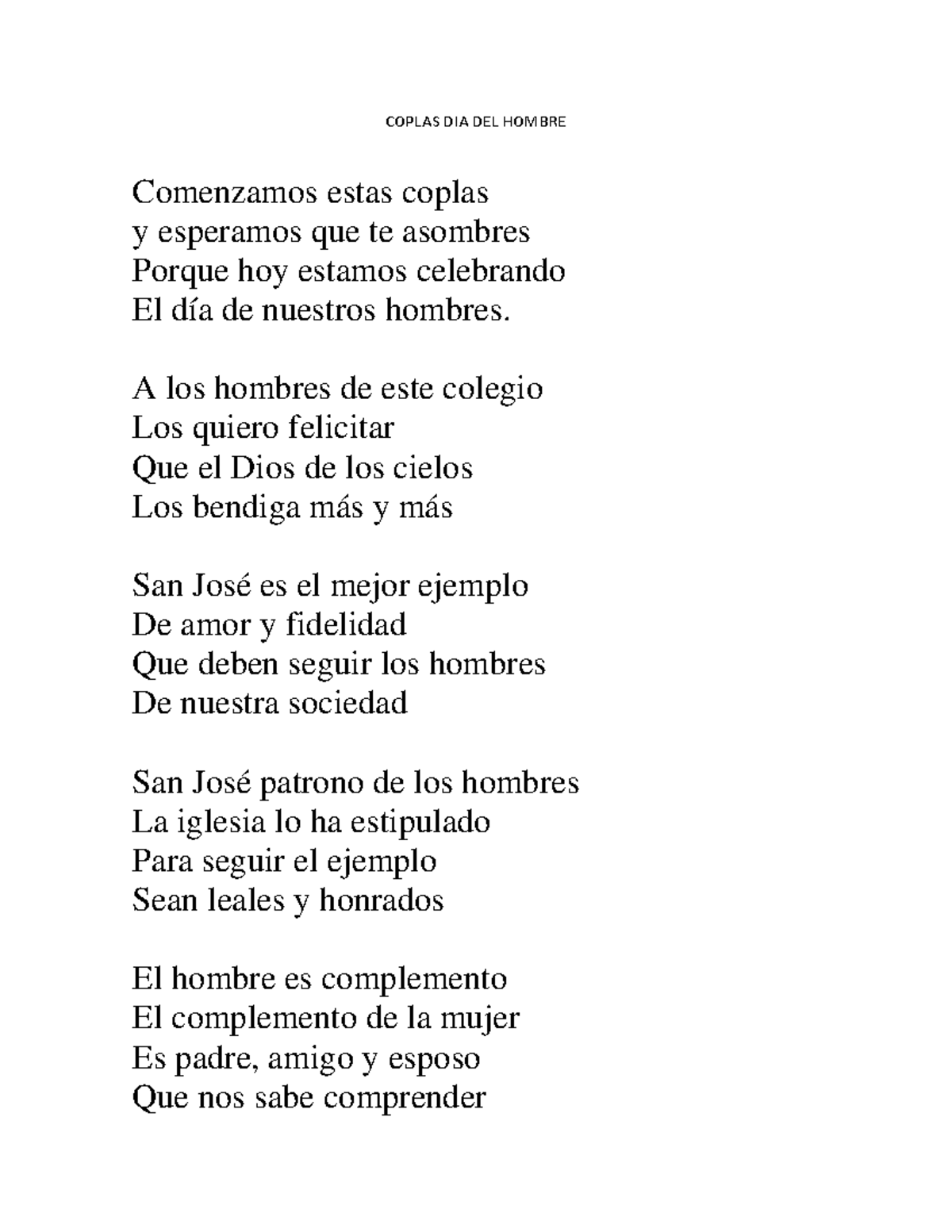 412209974 Coplas Dia Del Hombre - COPLAS DIA DEL HOMBRE Comenzamos estas coplas y esperamos que ...