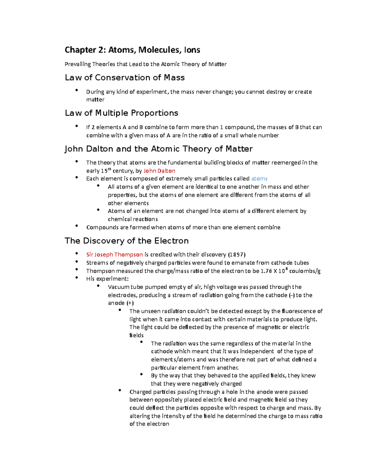 Chem chapter 2 - Chapter 2: Atoms, Molecules, Ions Prevailing Theories ...