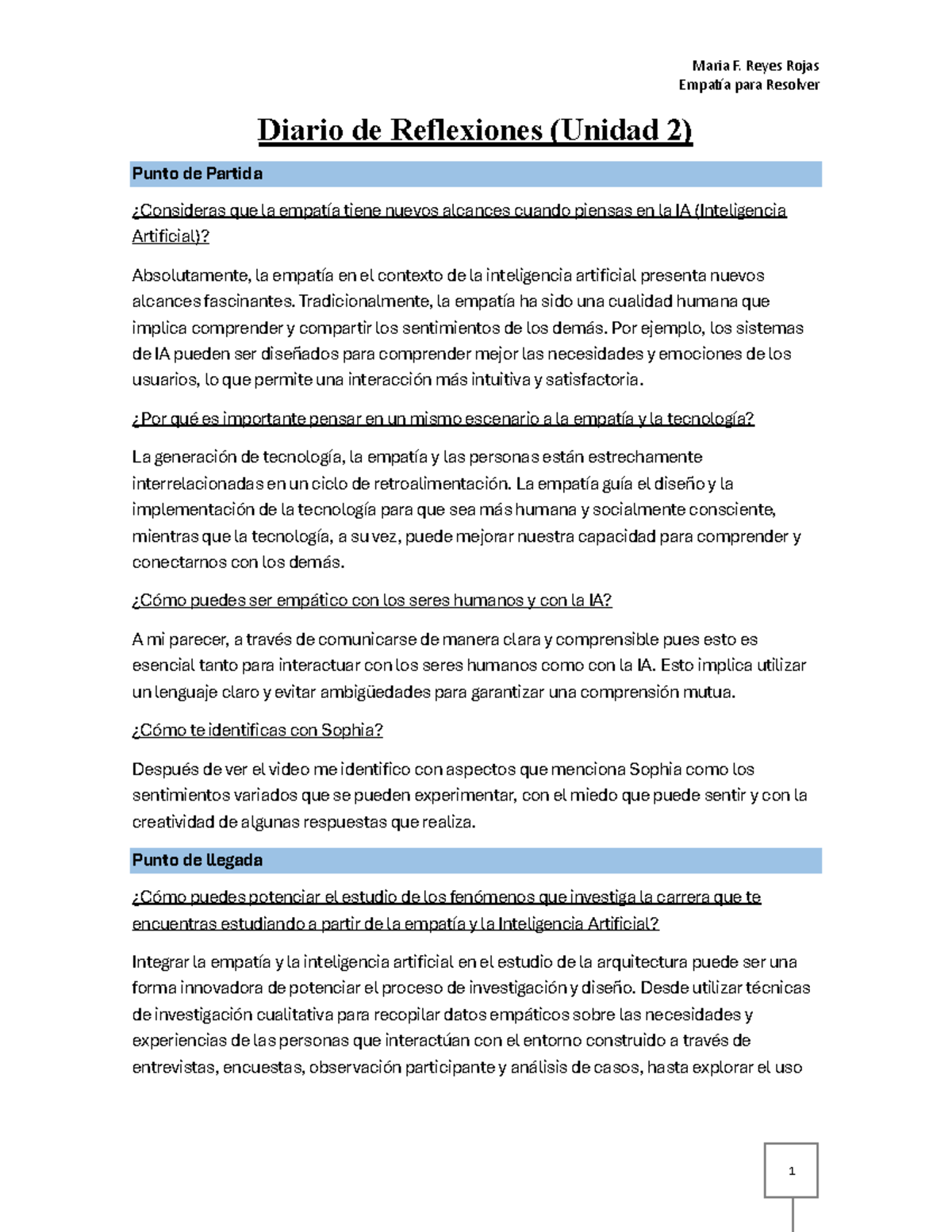 Diario Reflexiones U2 - Maria F. Reyes Rojas Empatía para Resolver 1 Diario de Reflexiones ...