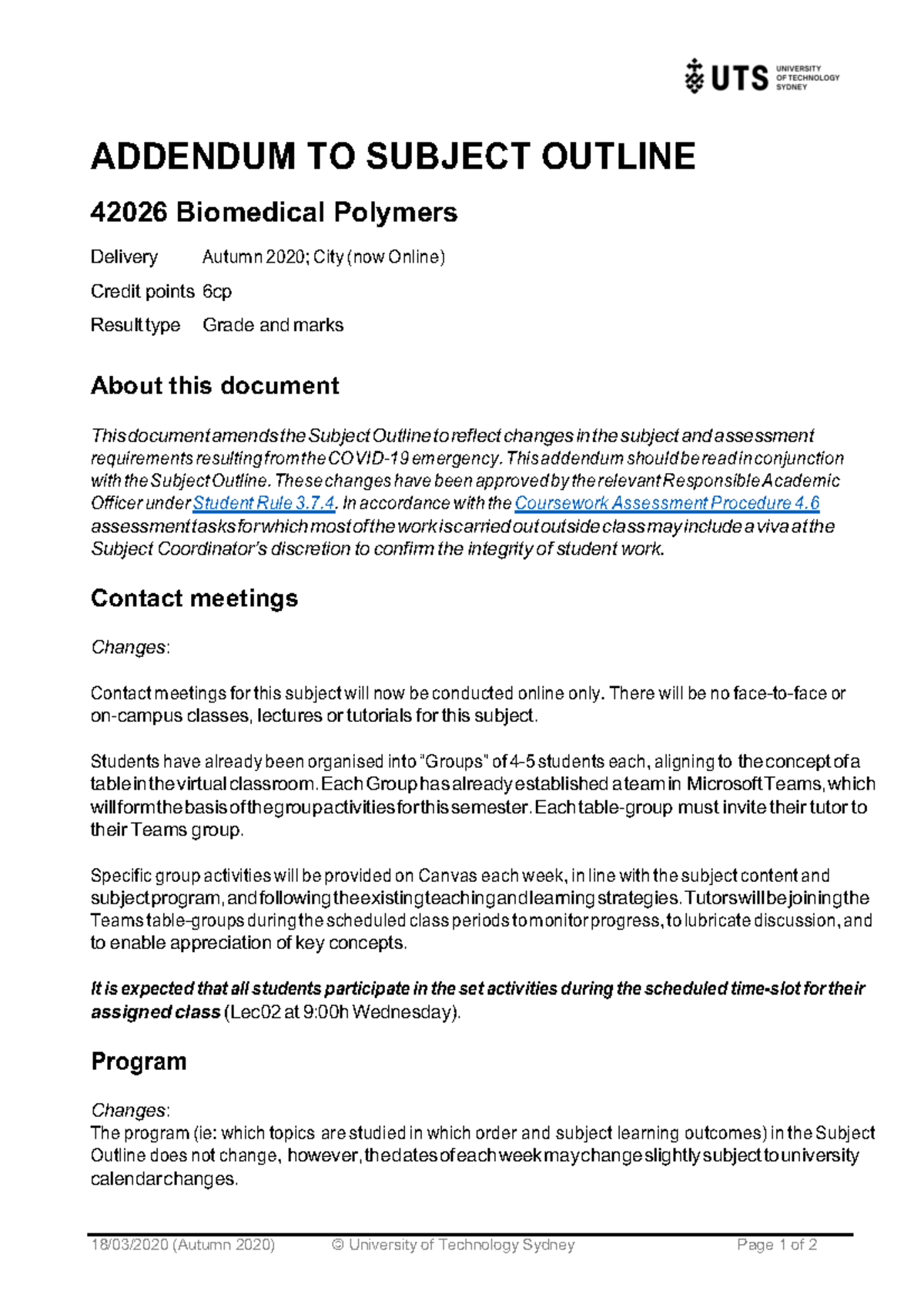 Biomedical Polymers - Subject Outline - 18/03/2020 (Autumn 2020 ...