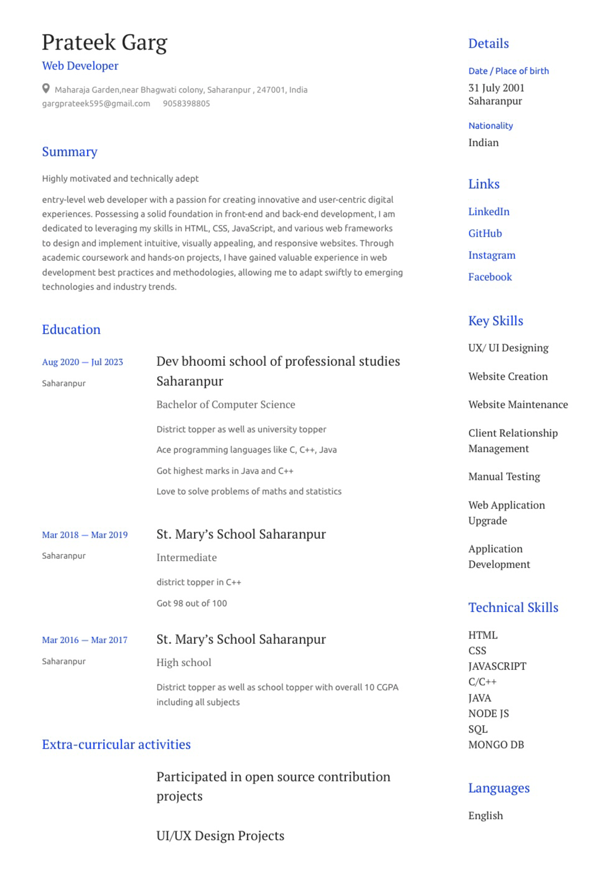 Prateek re - Resume building - bachelors of computer application - Studocu