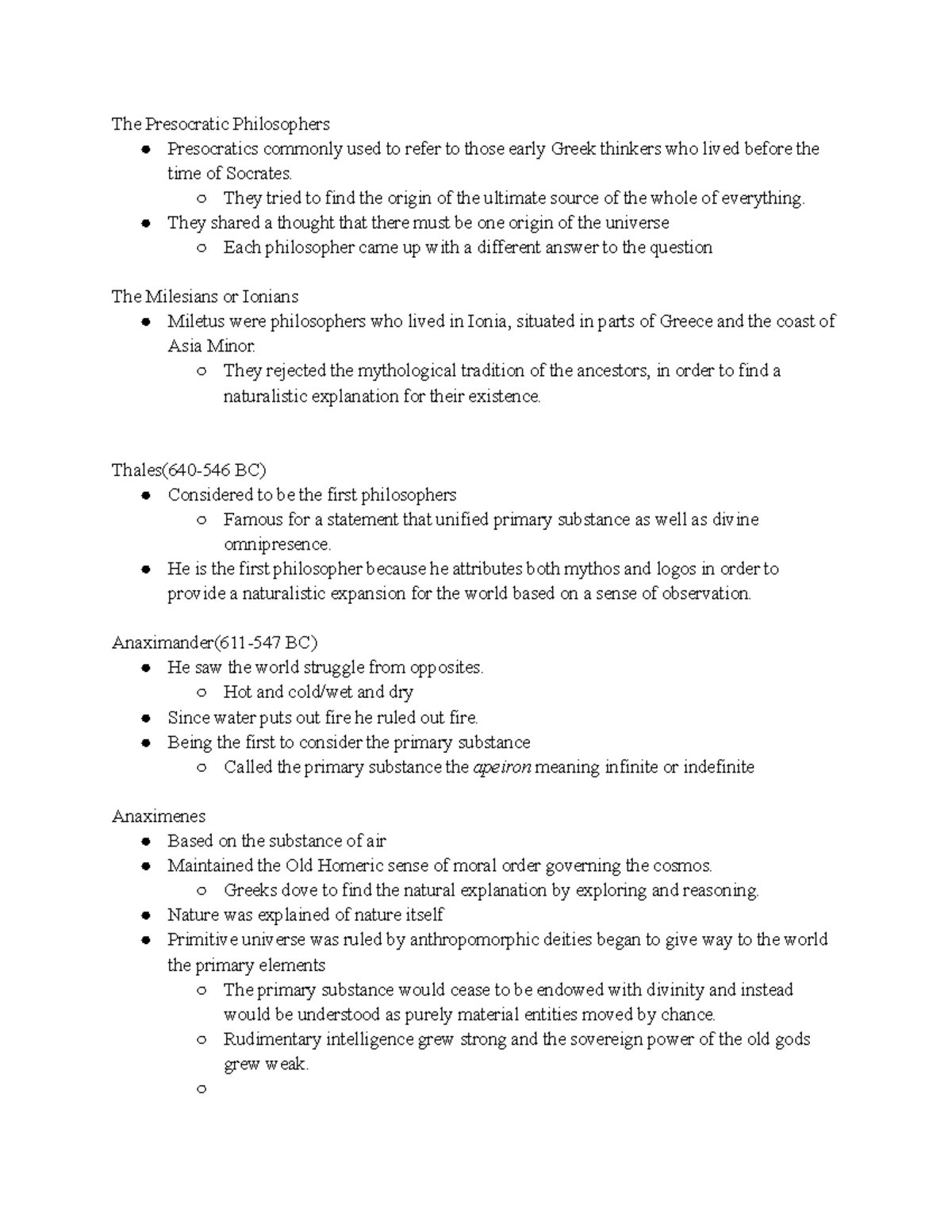 Early Greek Philosphy - Notes taken in class - The Presocratic ...