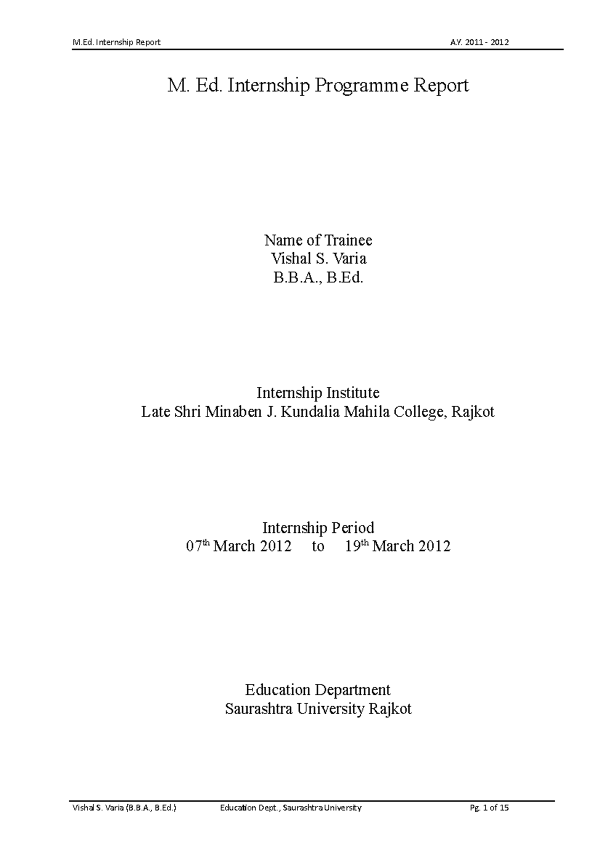 Sample Internship Report useful for M - M. Ed. Internship Programme ...