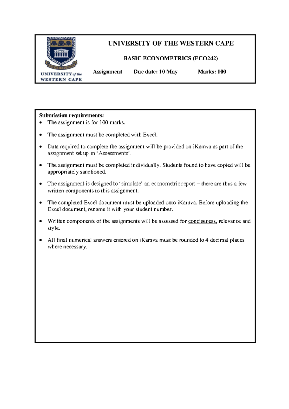 Eco 242 assignment - Submission requirements: The assignment is for 10 ...
