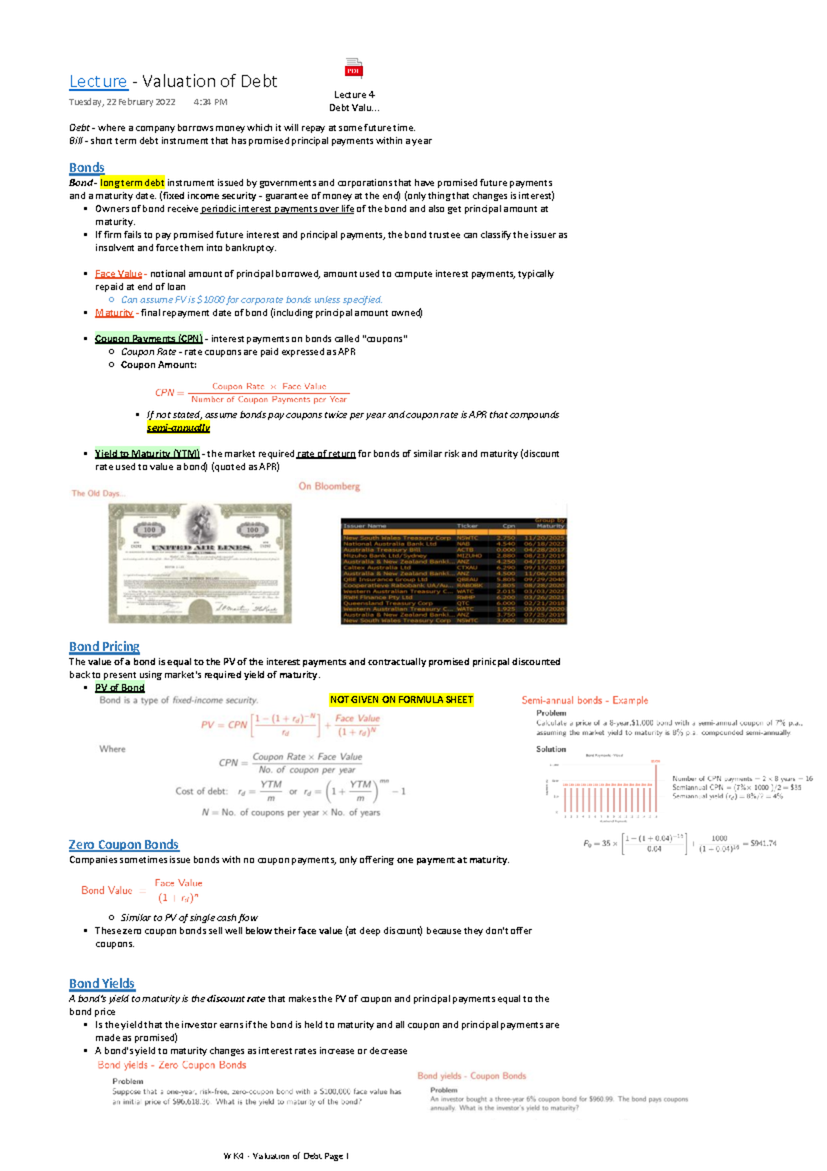 Lecture - WK 4 Notes Valuation of Debt - Lecture 4 Debt Valu... Debt ...
