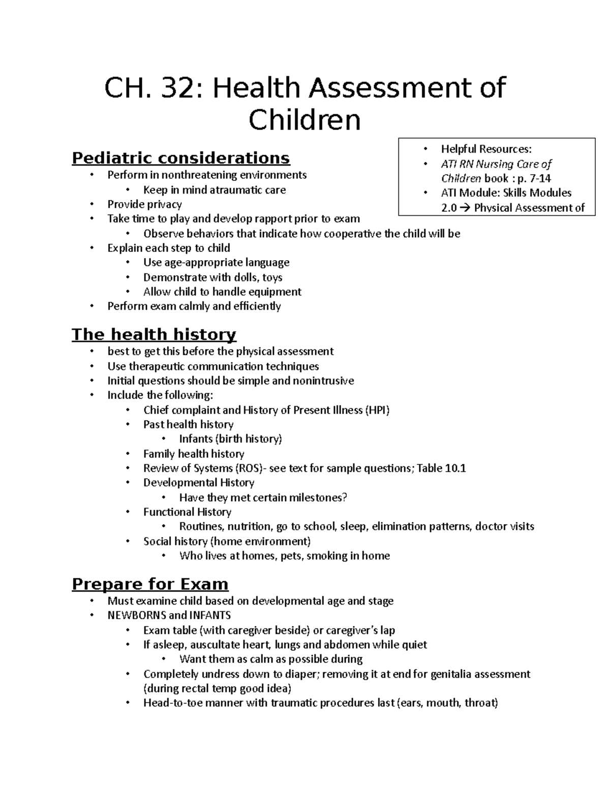 Health assessment outline - CH. 32: Health Assessment of Children ...