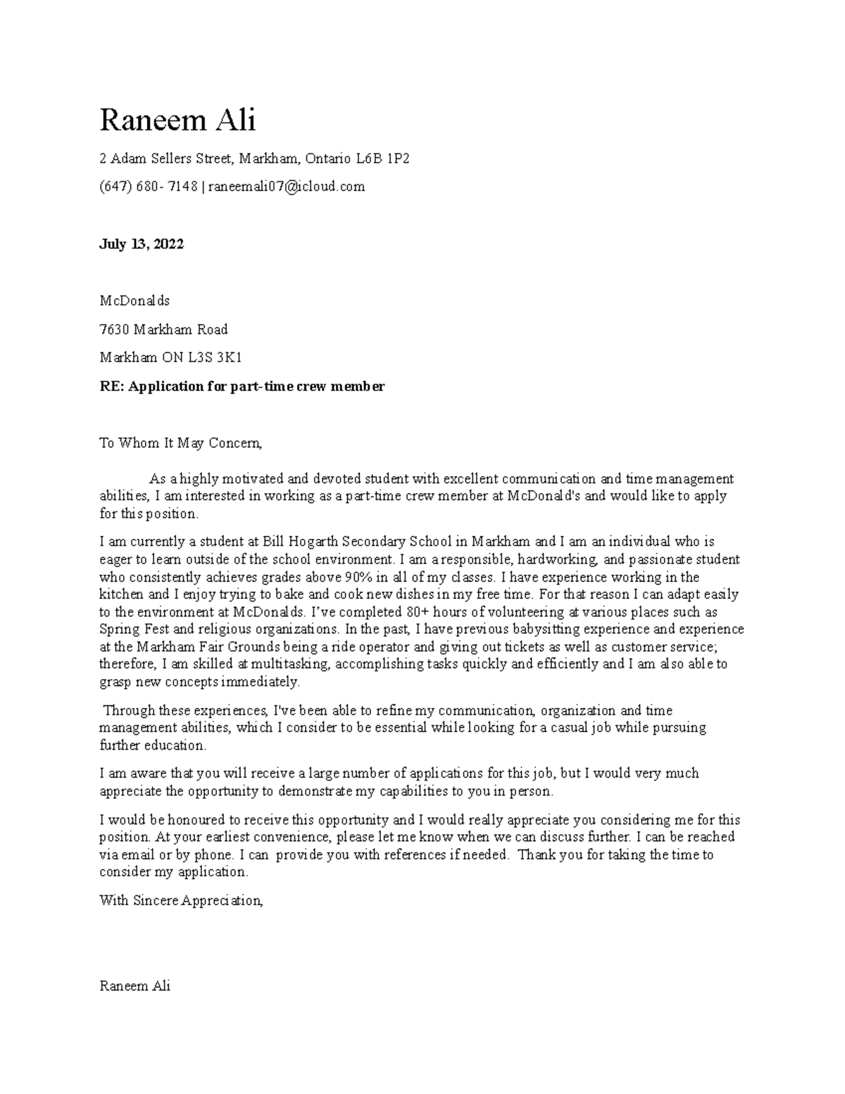 Cover letter - idk - Raneem Ali 2 Adam Sellers Street, Markham, Ontario ...