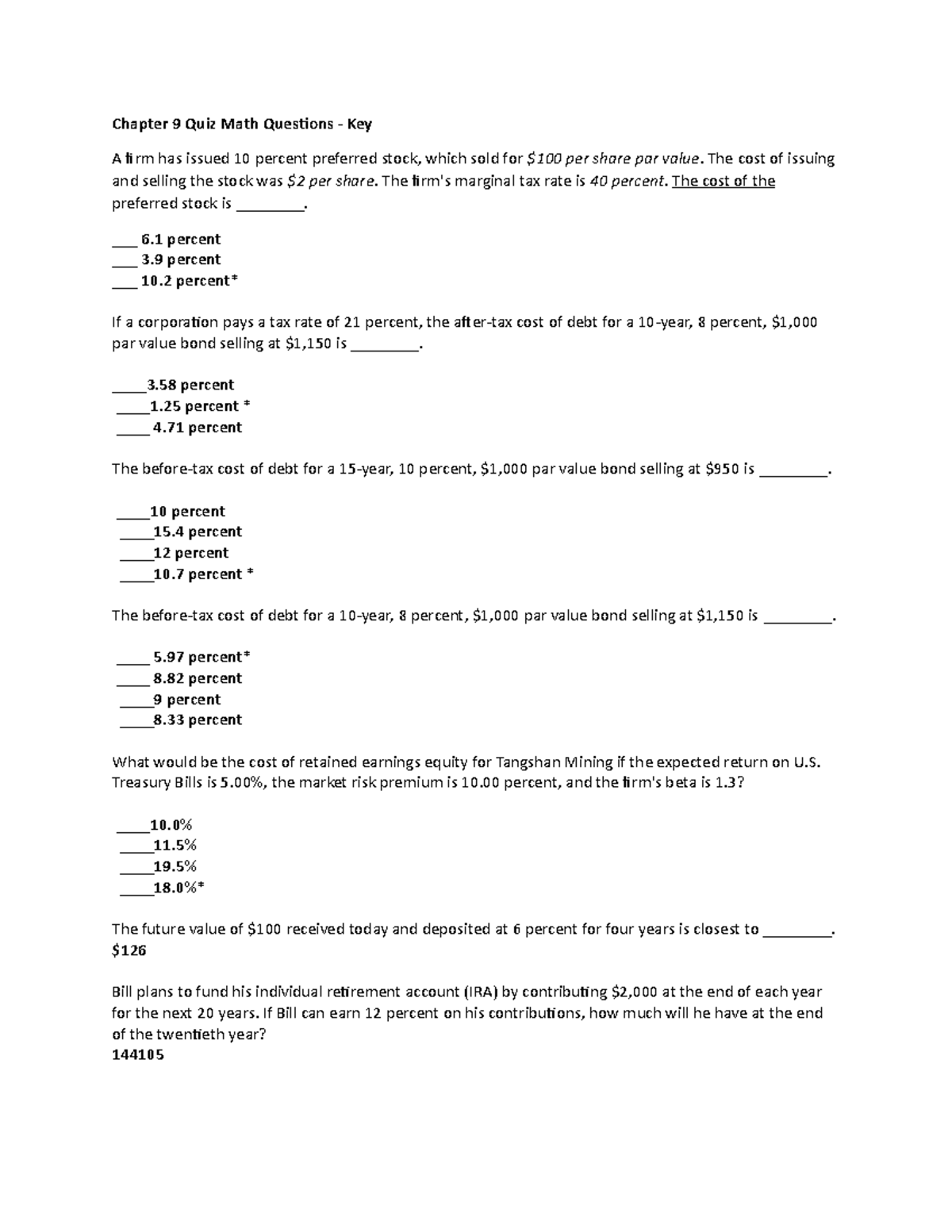 Chapter 9 Quiz Math Questions - Key - The cost of issuing and selling ...
