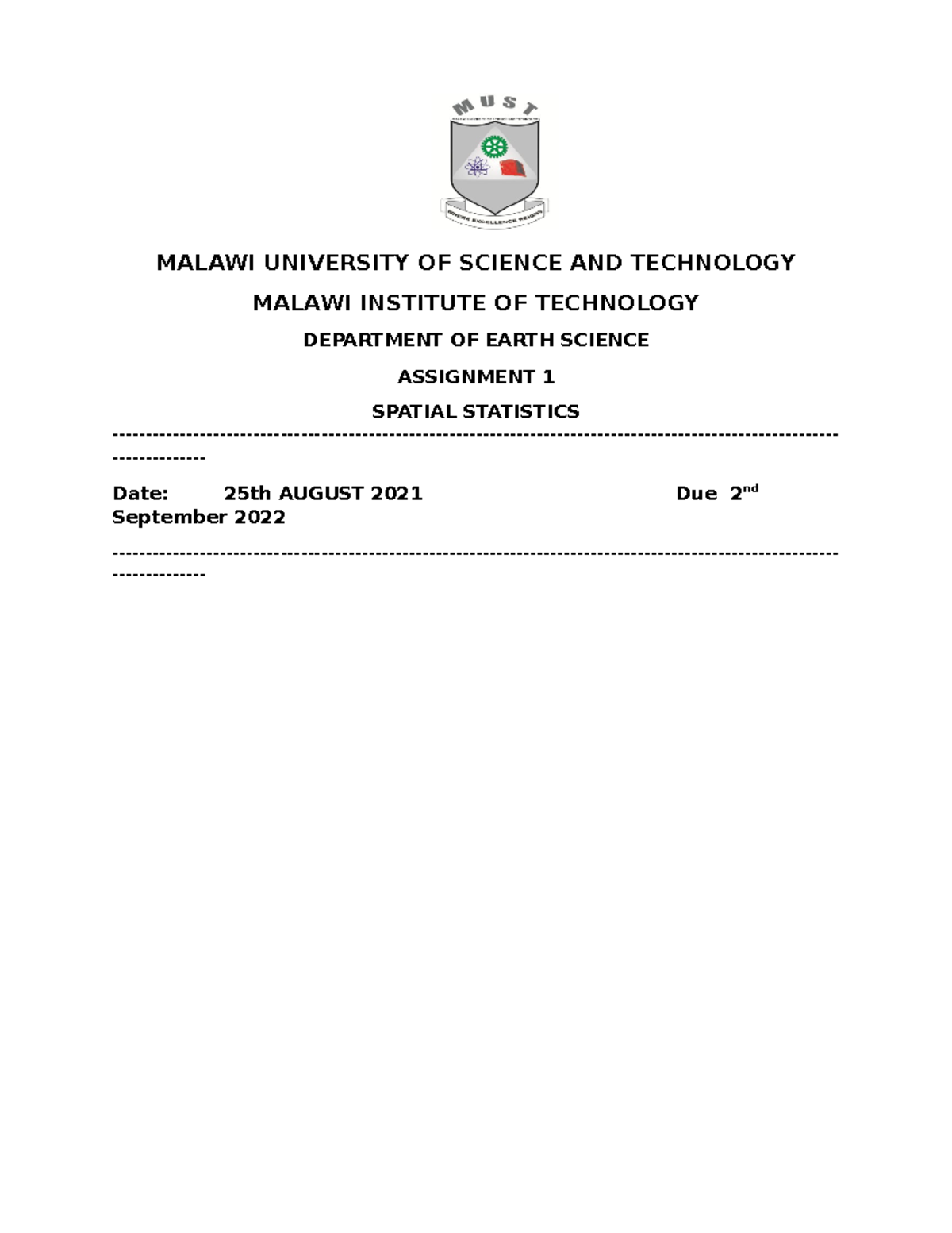 SAA, Assignment 1 - MALAWI UNIVERSITY OF SCIENCE AND TECHNOLOGY MALAWI ...