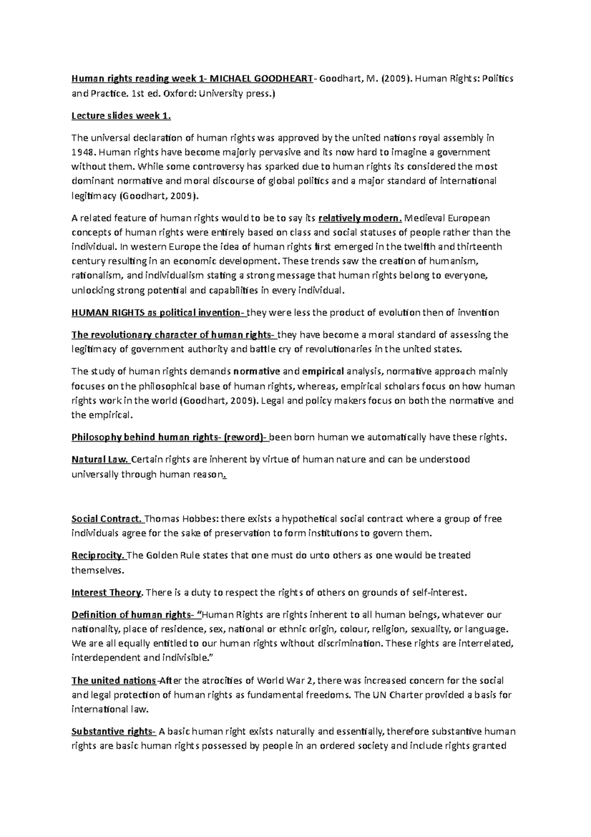 Human rights reading week 1 Goodhart - 14515 - BCU - StuDocu