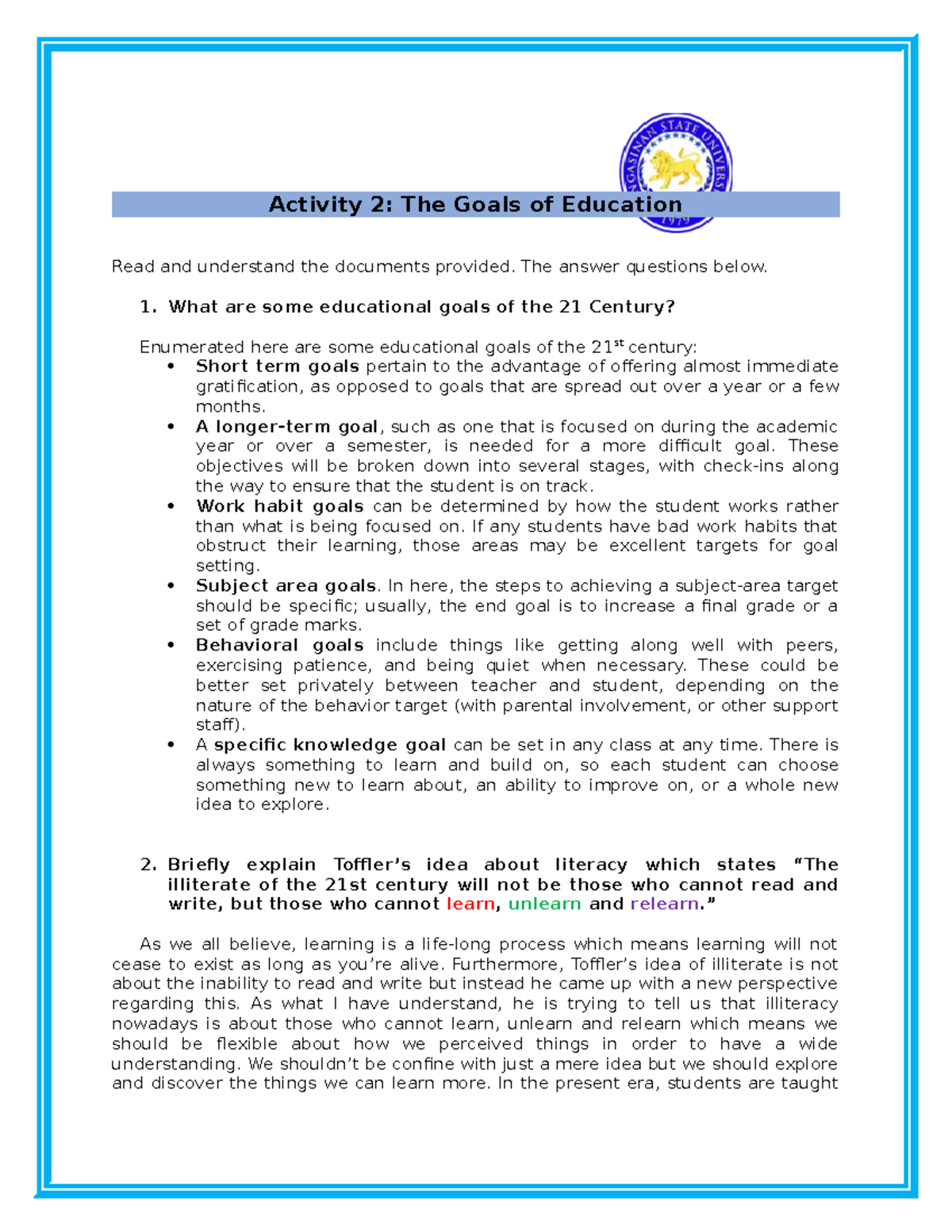 21ST Century Education - Activity 2: The Goals of Education Read and ...