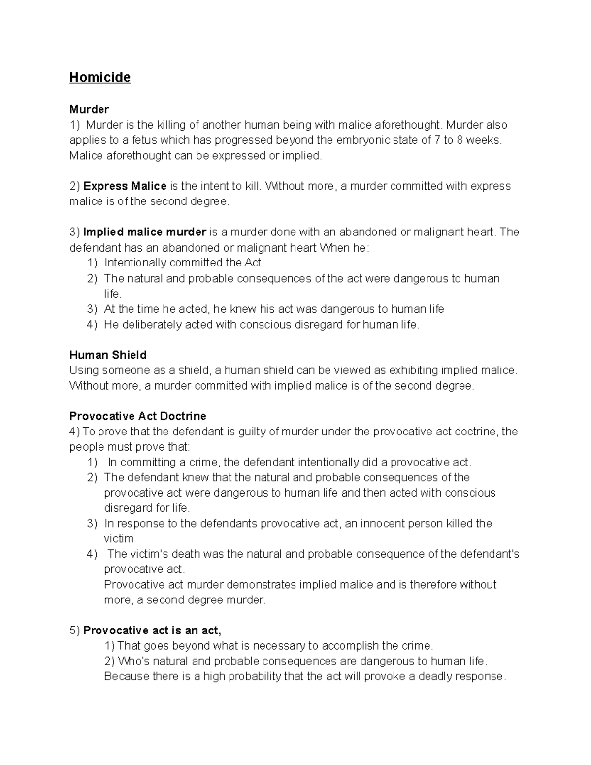 Criminal Law II Outline - Homicide Murder Murder is the killing of ...
