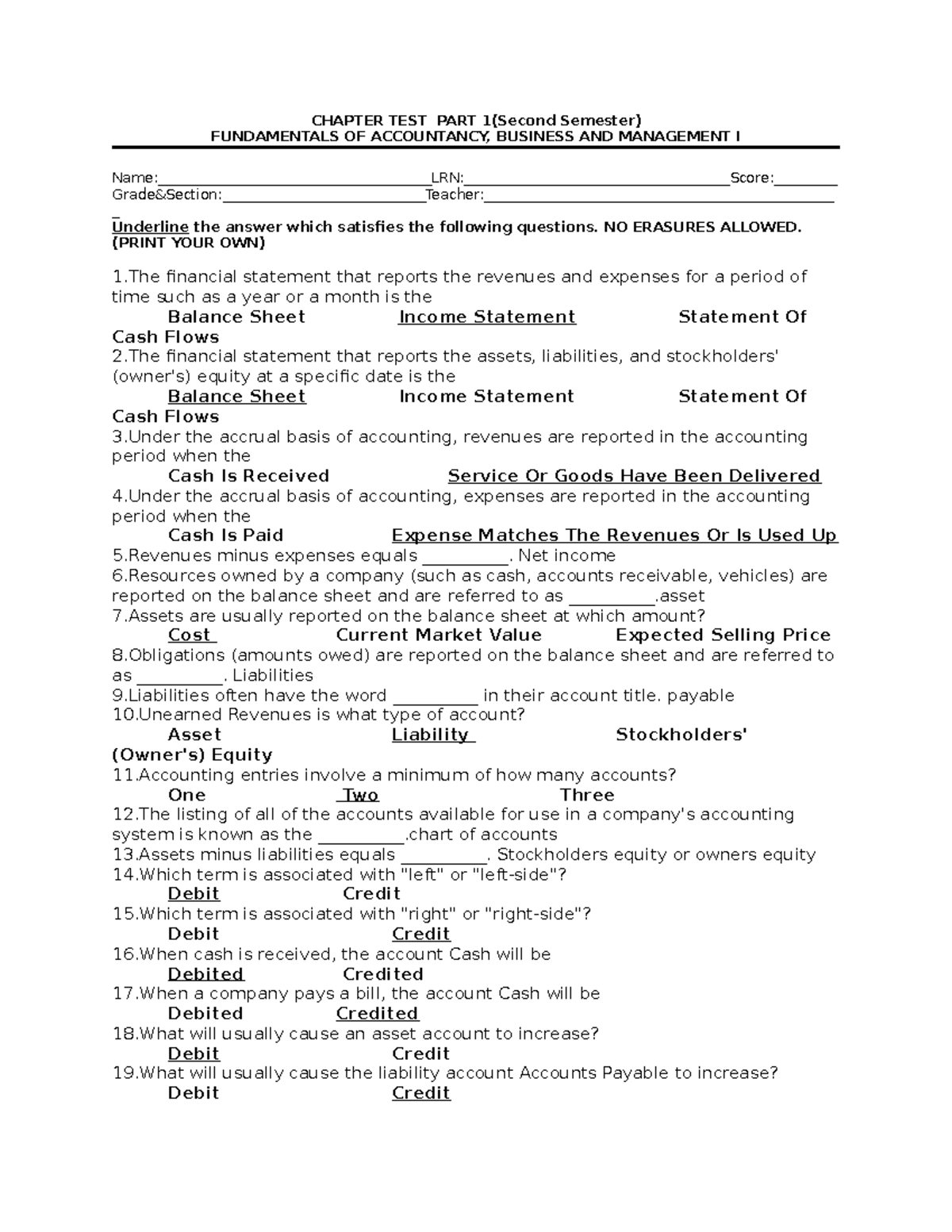 Practice chapter test accounting 1 - CHAPTER TEST PART 1(Second ...