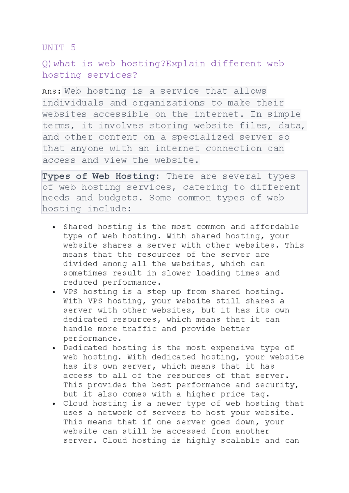 Main Webtech These Are The Notes For Web Tech Unit 5 Qwhat Is Web Hostingexplain Different