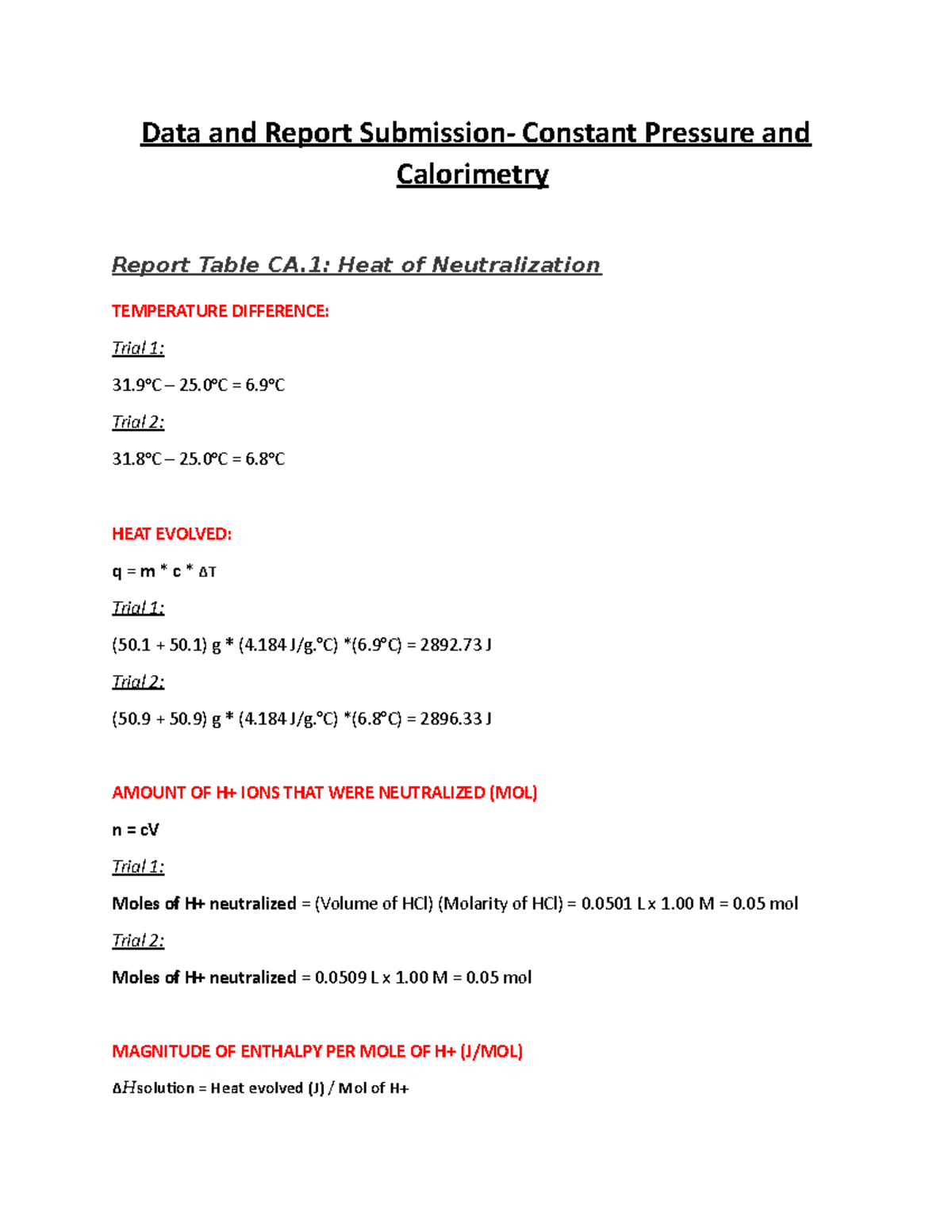 Data and Report Submission Calculation Uploads Constant Pressure - CHM 1311 - uOttawa - Studocu