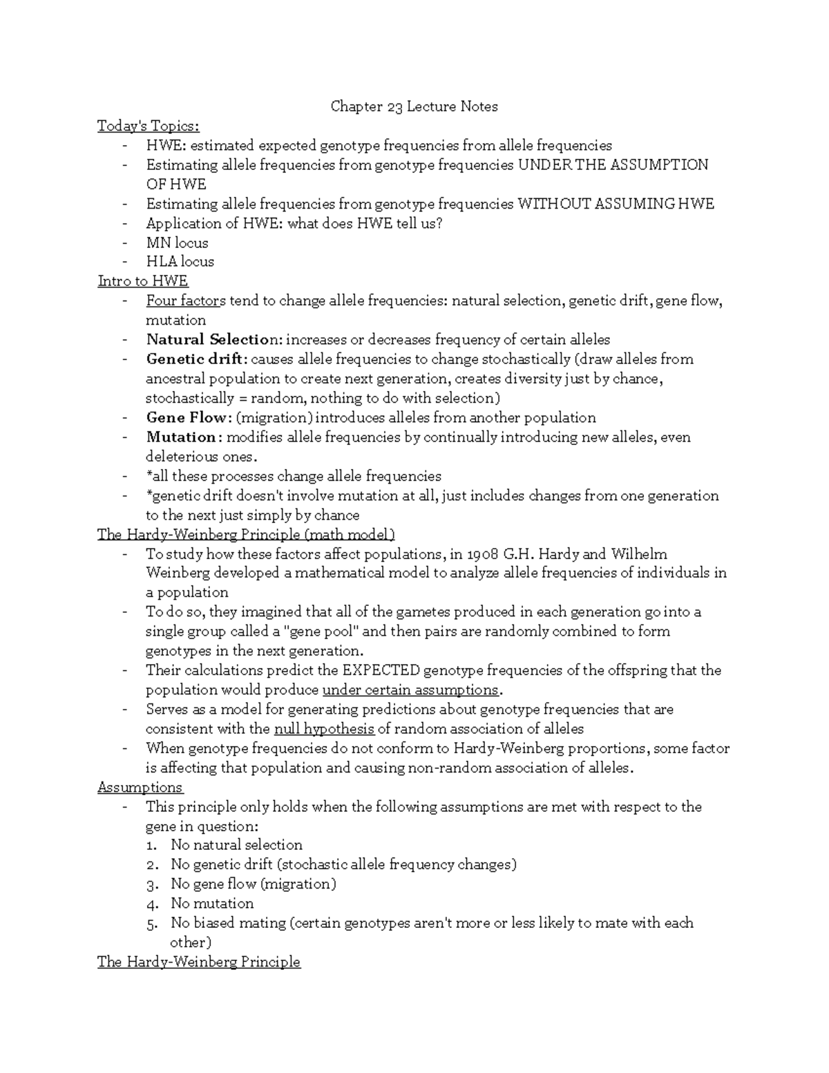 Chapter 23 Lecture Notes - Chapter 23 Lecture Notes Today's Topics: HWE ...