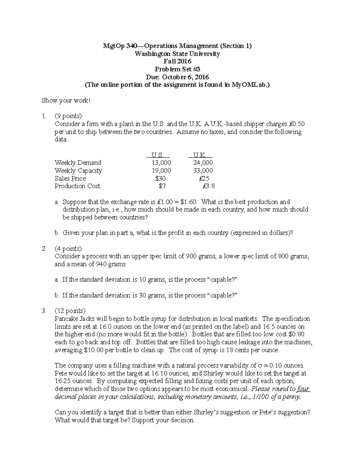 Assignments - Problem Set 3 - MgtOp 340—Operations Management (Section ...