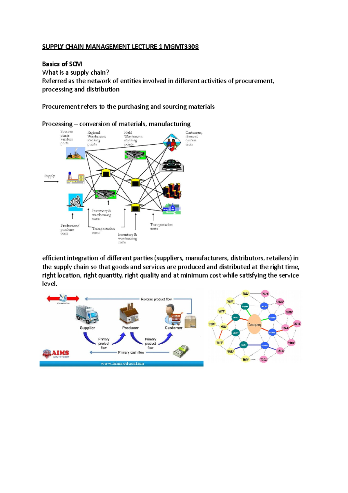 Lecture 1 MGMT3308 - notes - SUPPLY CHAIN MANAGEMENT LECTURE 1 MGMT3308 ...