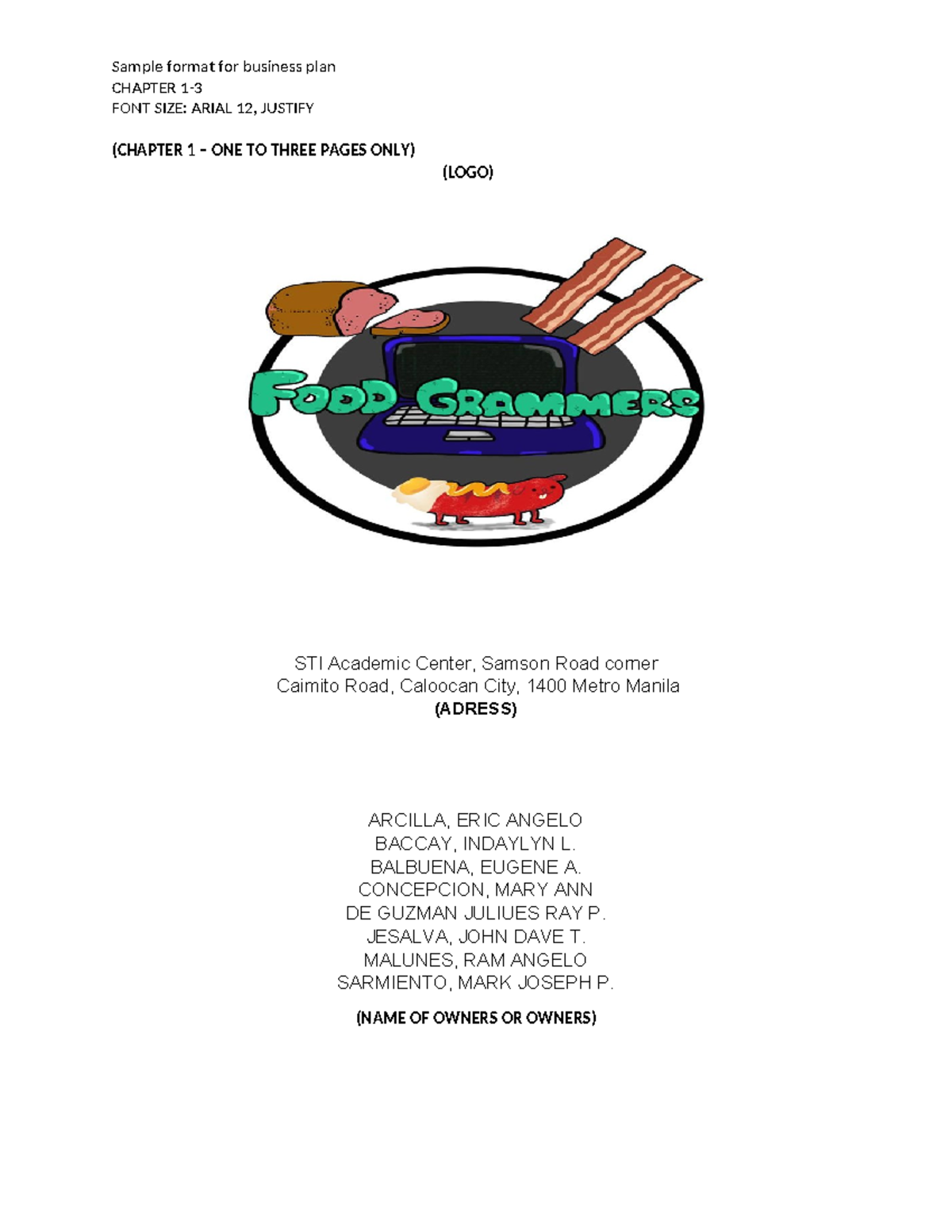 Entrep Sample-Format-of-Business-Plan - CHAPTER 1- FONT SIZE: ARIAL 12 ...