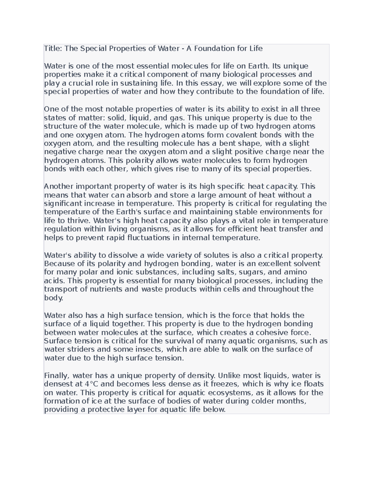 The Special Properties of Water - A Foundation for Life - Its unique ...