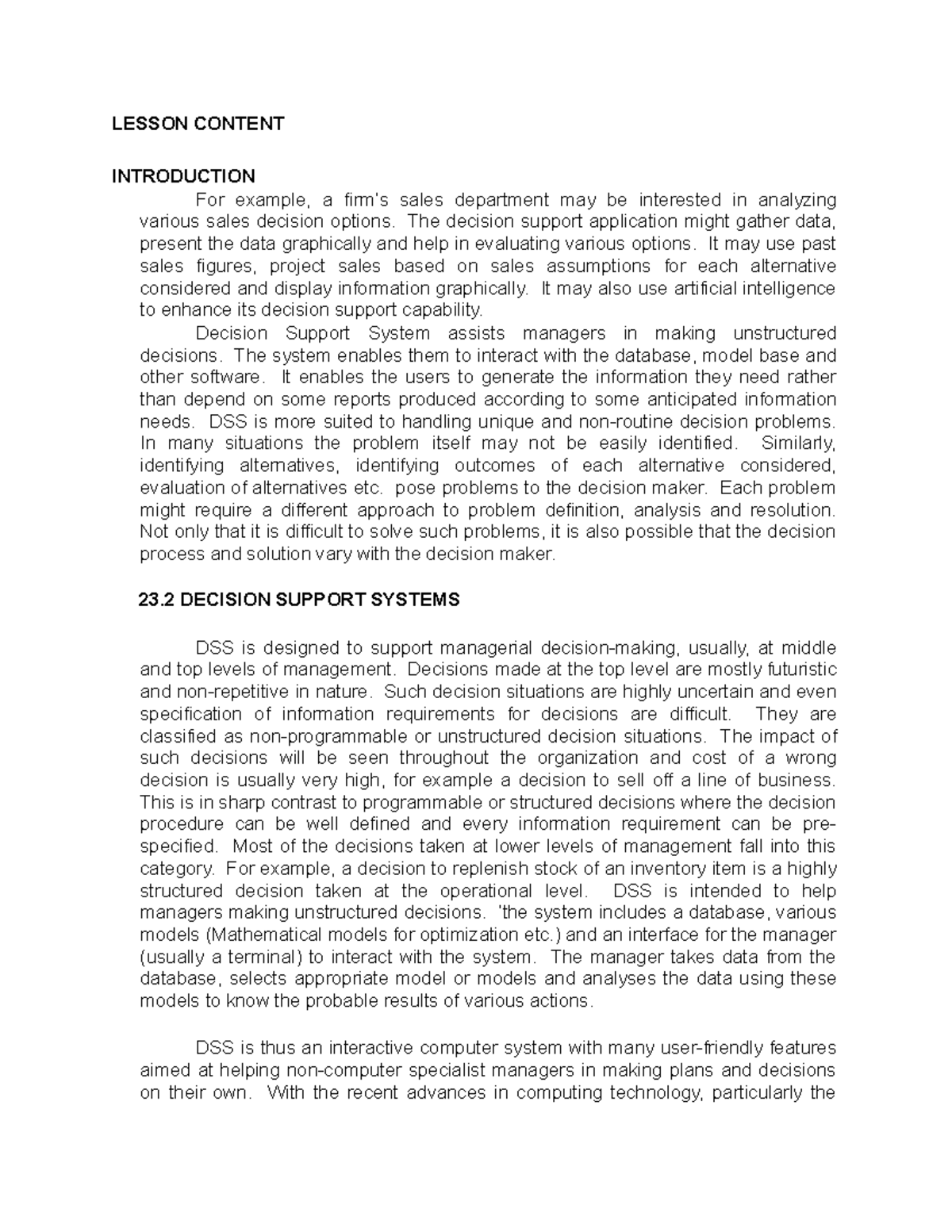 Decision Support Systems IN IT - LESSON CONTENT INTRODUCTION For ...