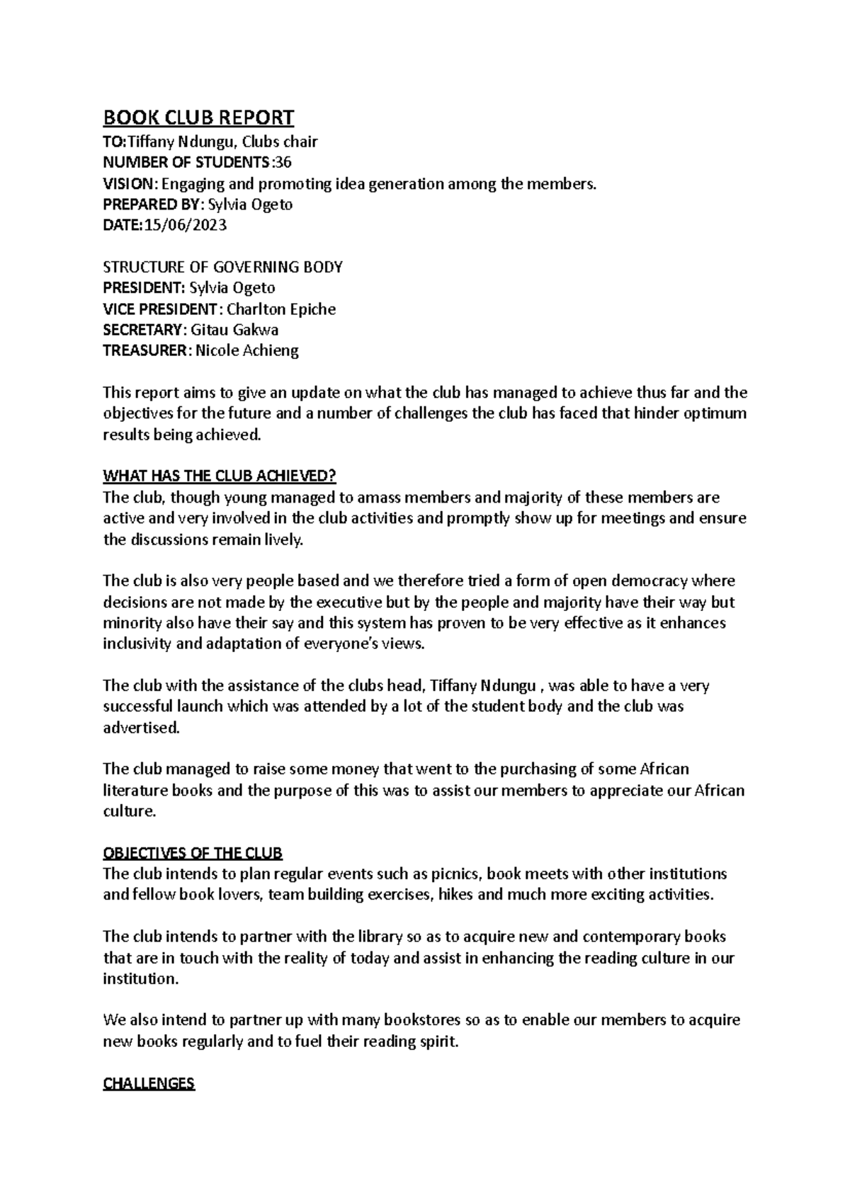 BOOK CLUB Report - BOOK CLUB REPORT TO:Ti昀昀any Ndungu, Clubs chair ...